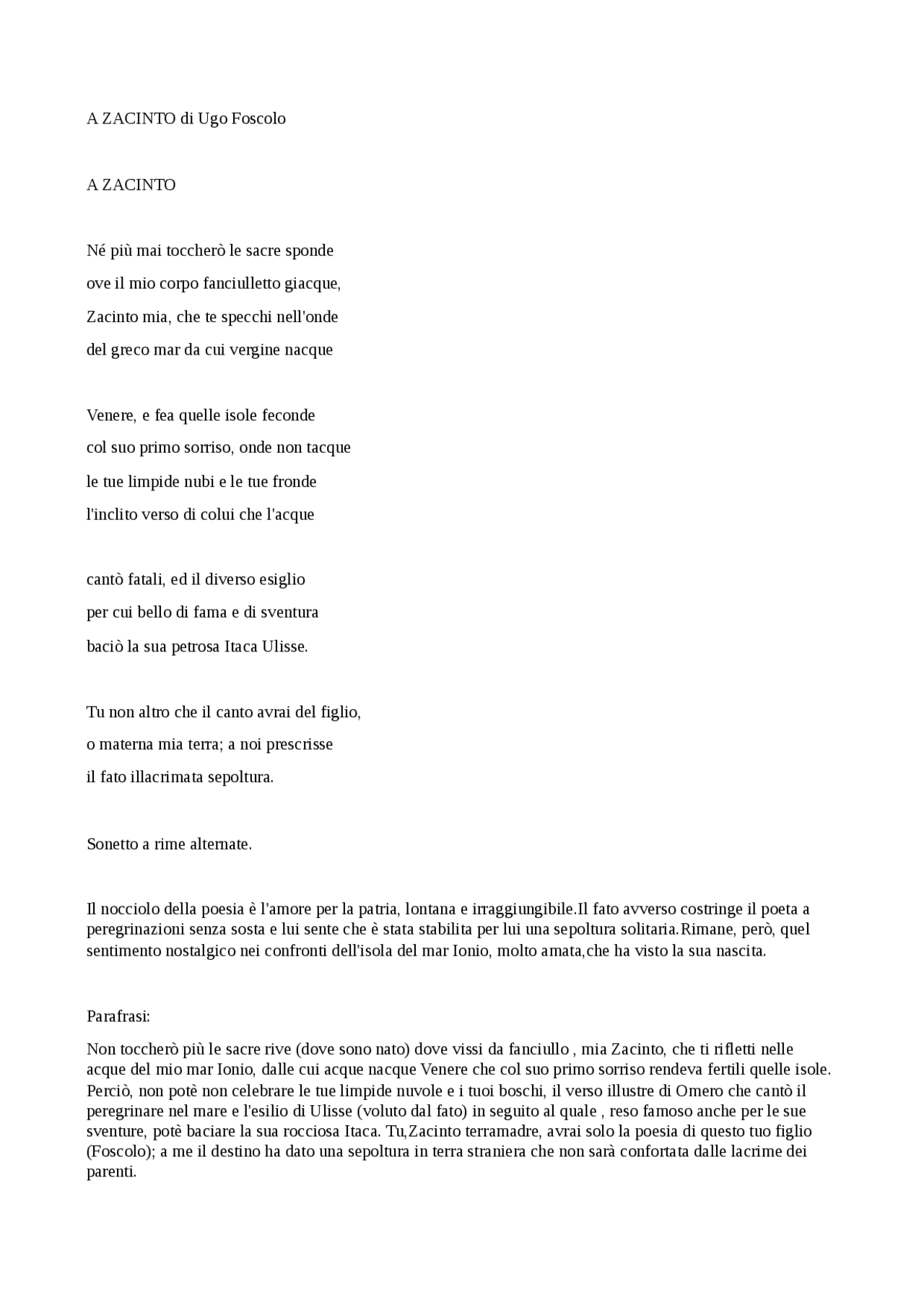TESTO POESIA UGO FOSCOLO | Prove d'esame di Letteratura Italiana | Docsity