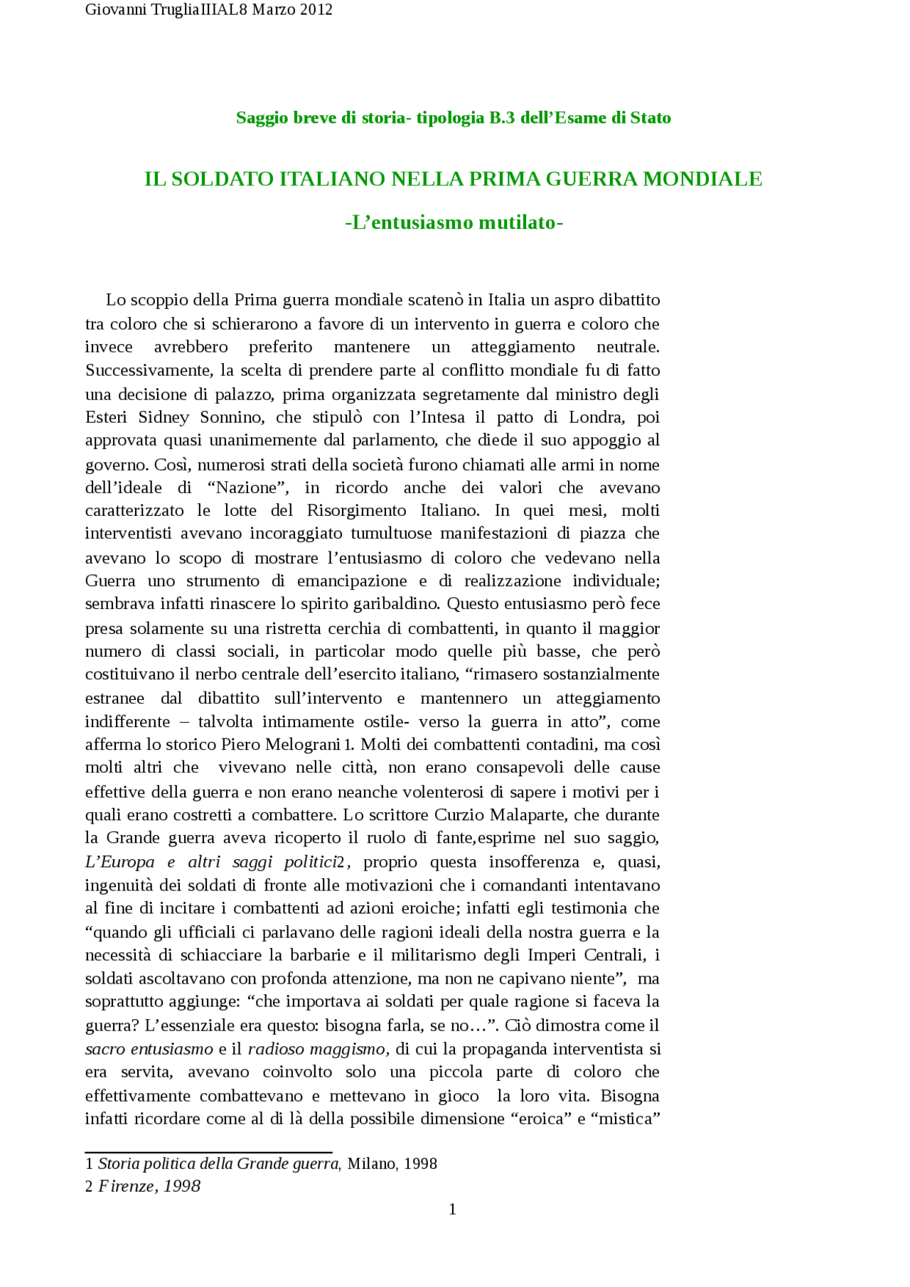 Saggio Breve Prima Guerra Mondiale Docsity