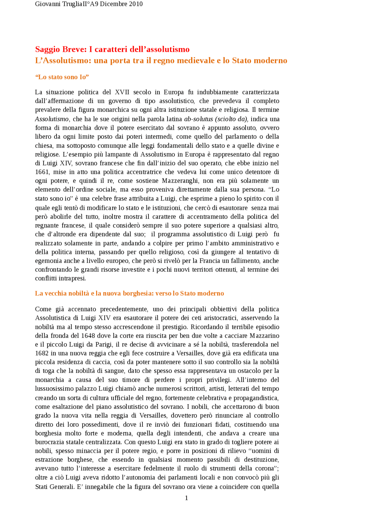 Assolutismo Saggio Breve Docsity
