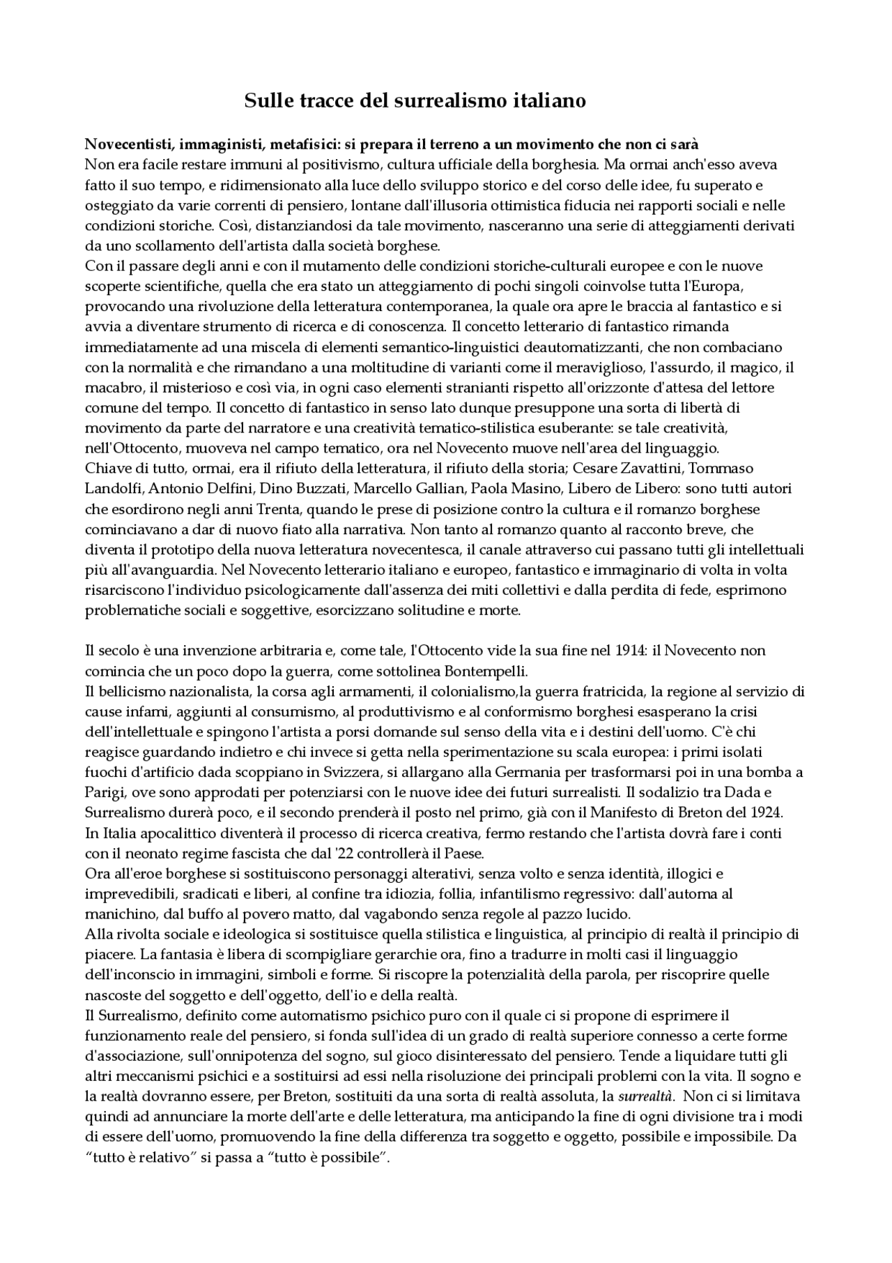 Sulle Tracce Del Surrealismo Italiano Docsity