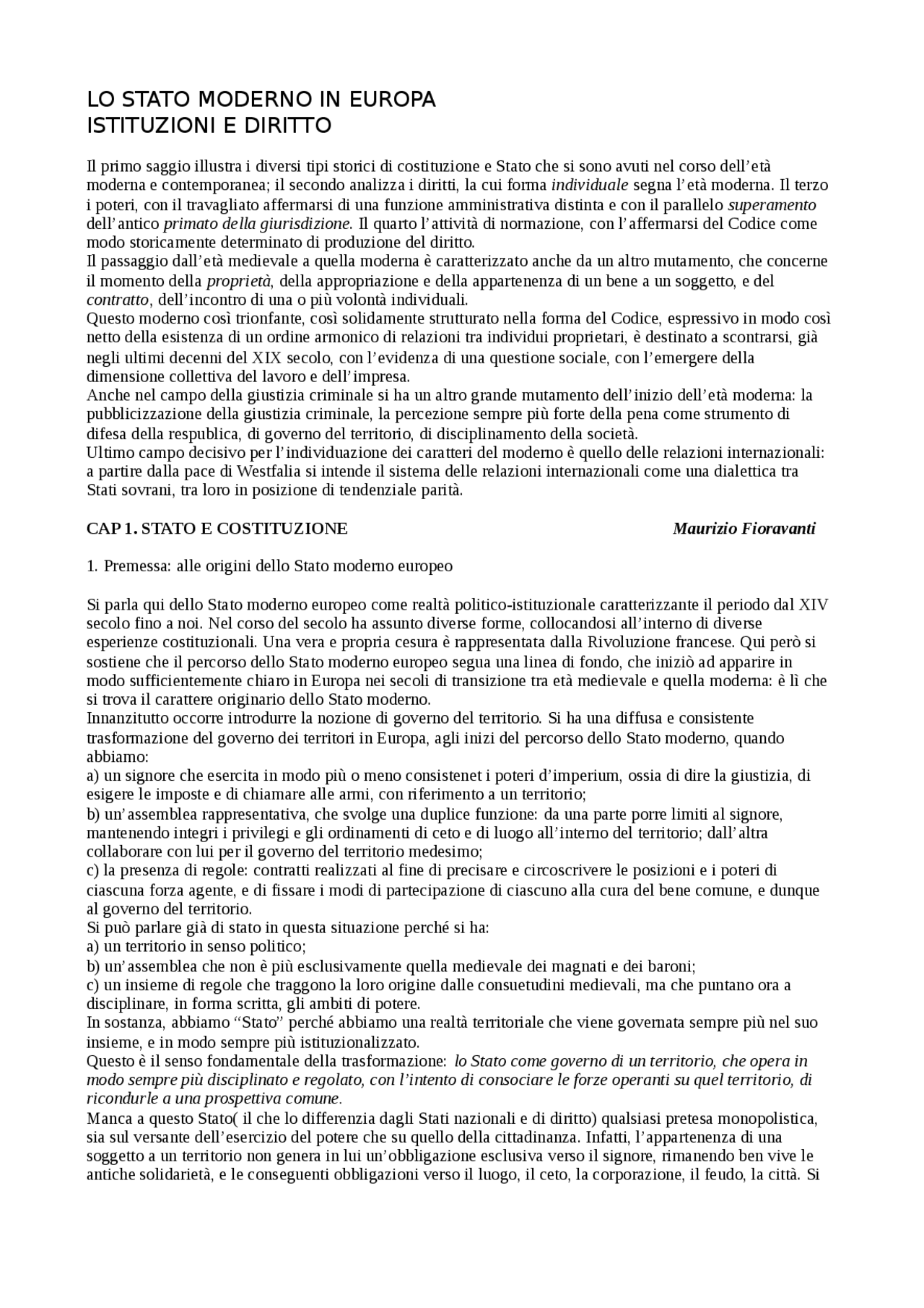 LO STATO MODERNO IN EUROPA. ISTITUZIONI E DIRITTO - M. Fioravanti - Docsity