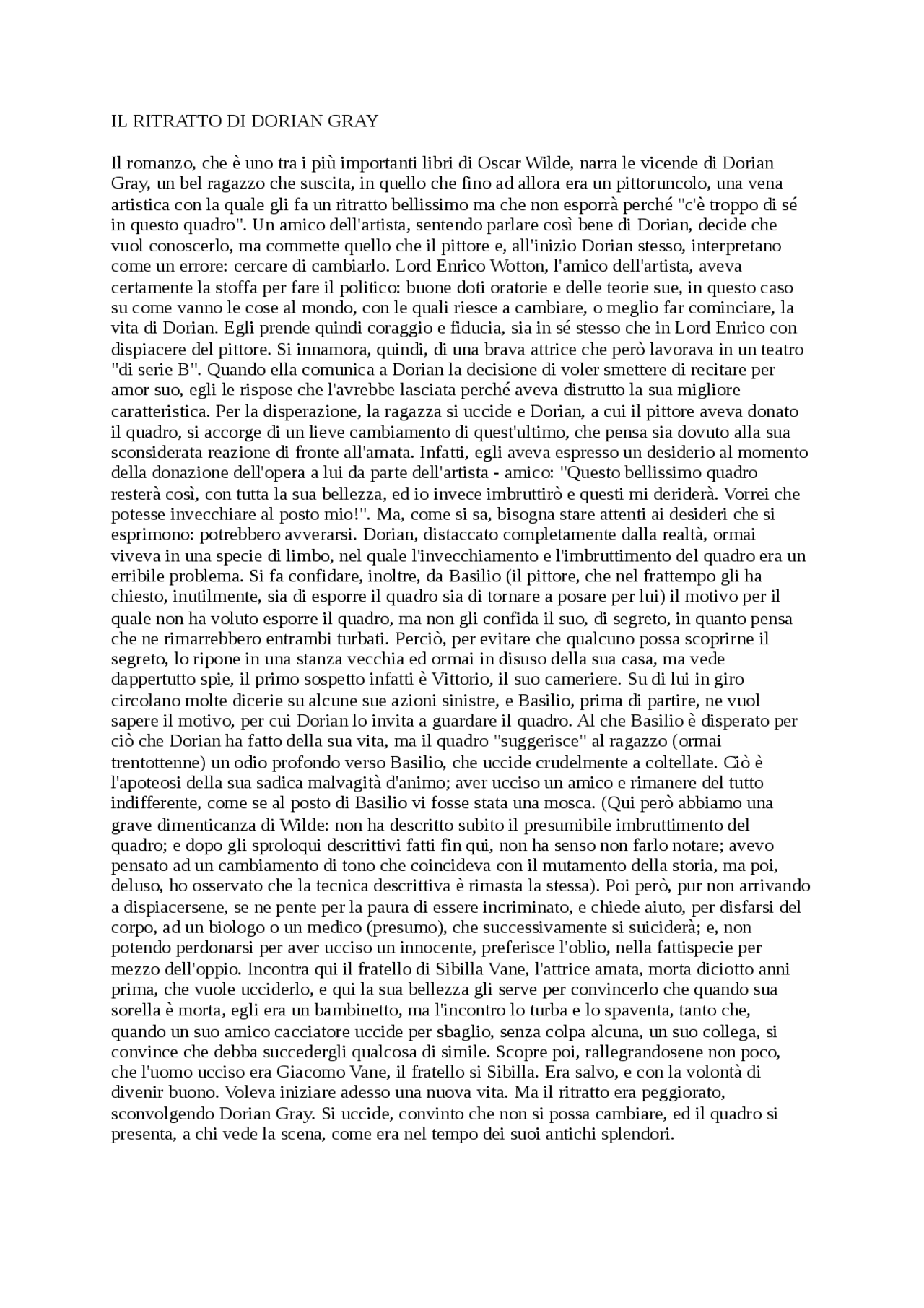 Il Ritratto Di Dorian Gray Riassunto Docsity