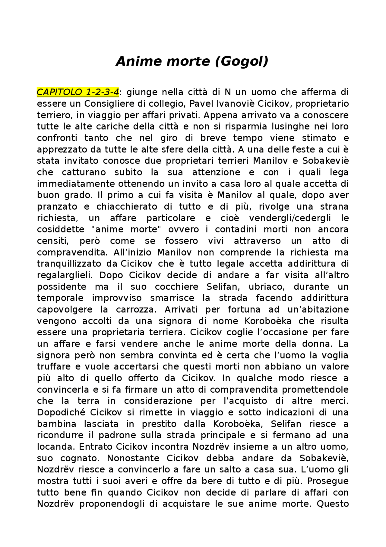 Riassunto Anime Morte Docsity
