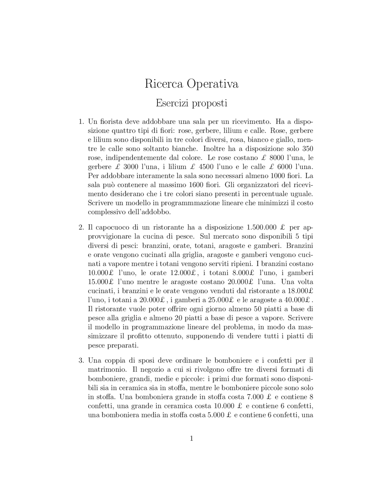 Eserciziario Ricerca operativa | Esercizi di Ricerca Operativa | Docsity