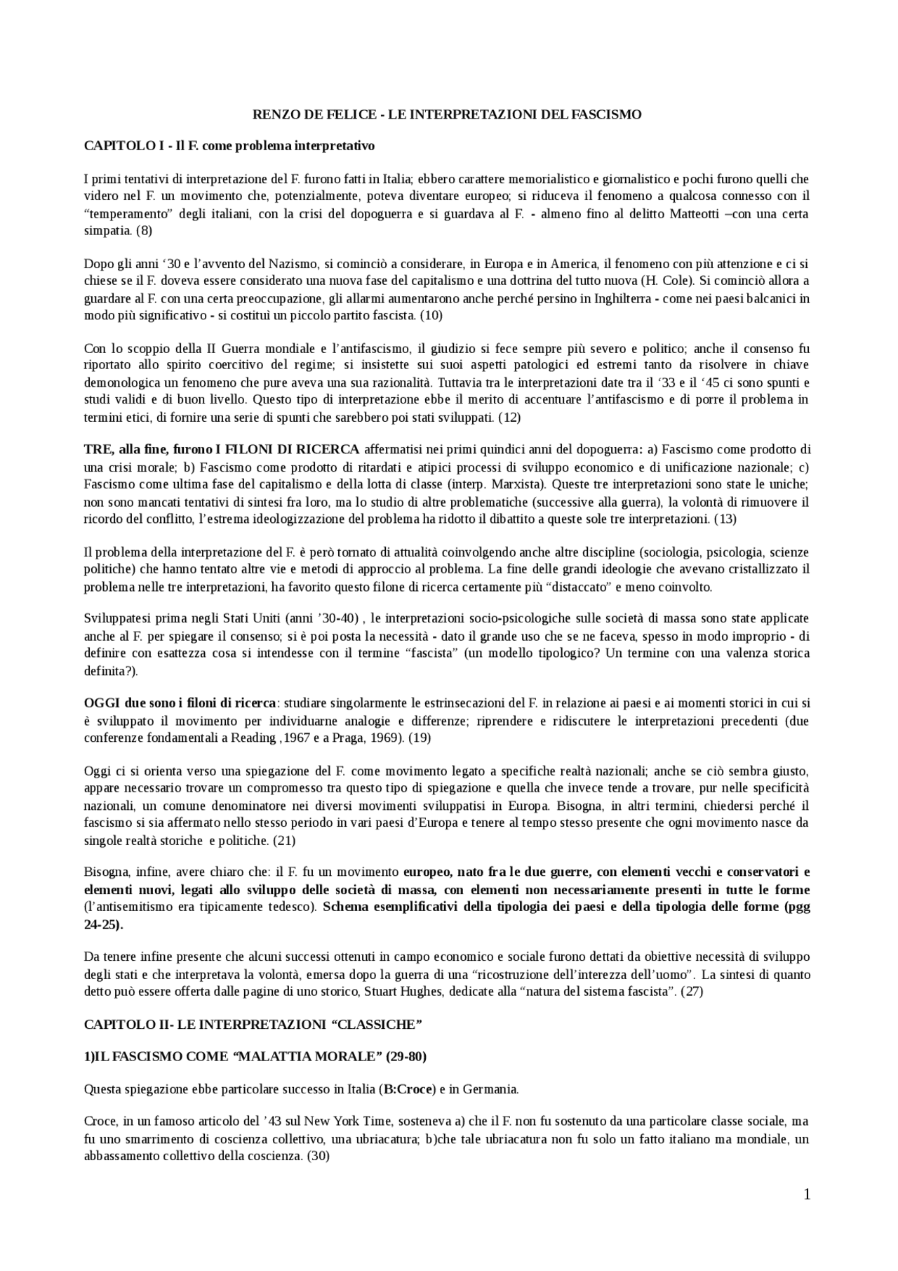 Sintesi Interpretazioni Fascismo De Felice Docsity