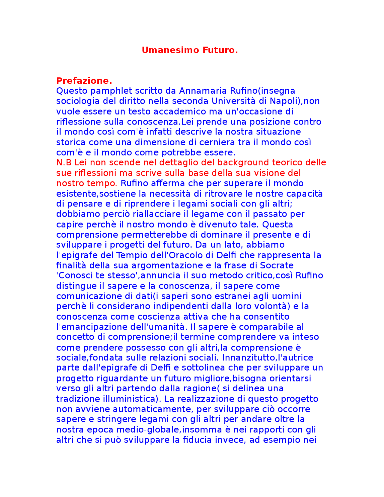 Umanesimo Futuro Riassunto Docsity