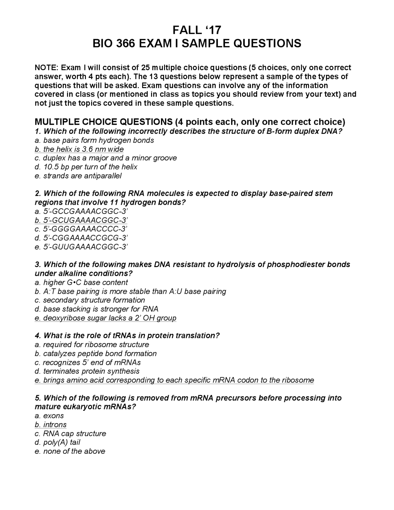 Exam 1 Samples Questions For Introduction To Bioinformatics Biol 366