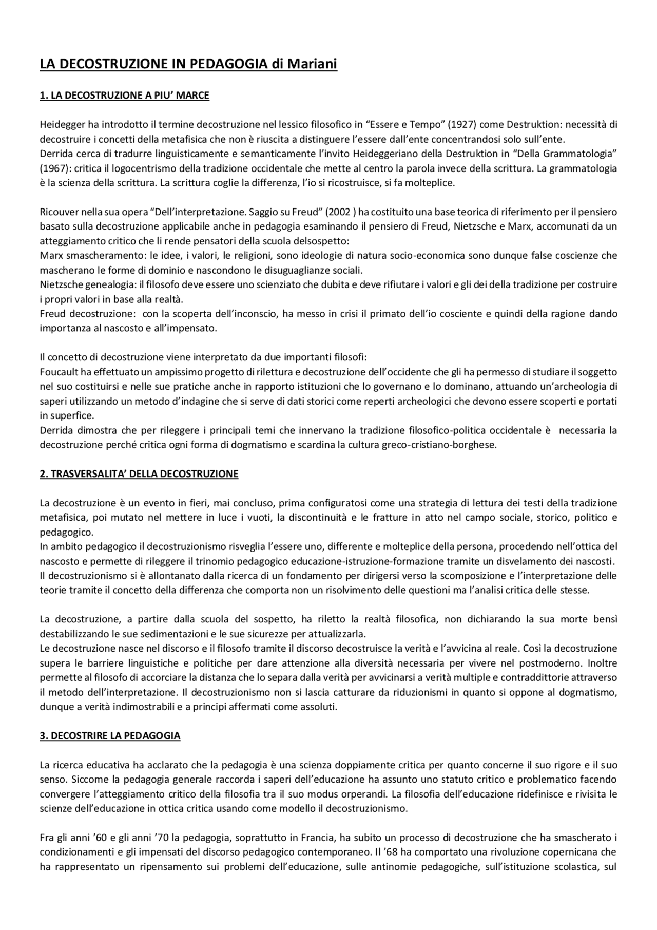 La Decostruzione In Pedagogia Di Mariani Docsity