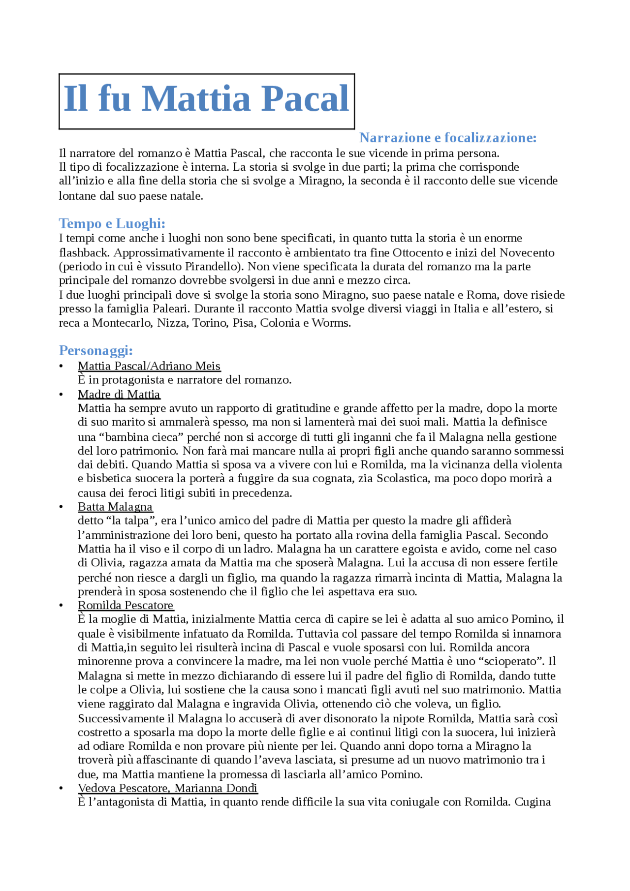 Riassunto Il Fu Mattia Pascal Docsity