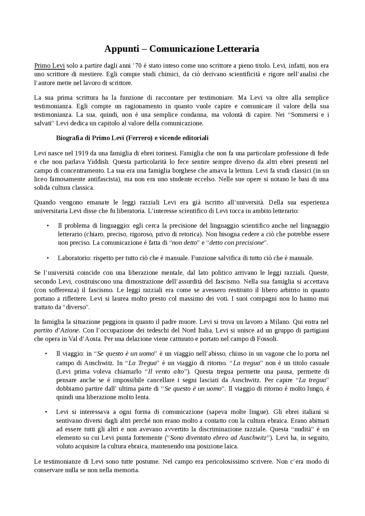 Appunti Di Comunicazione Letteraria Docsity