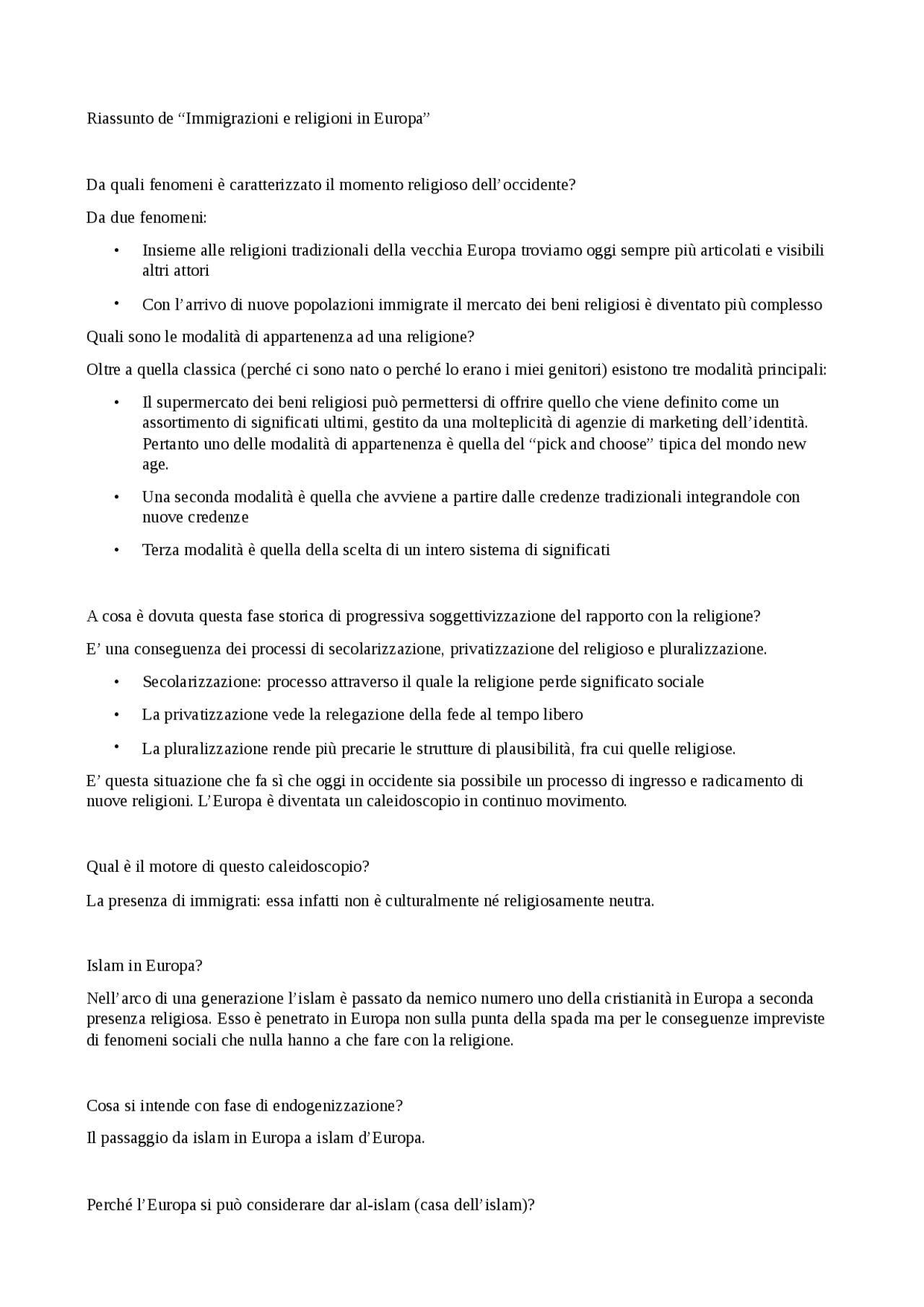 Sintesi De Immigrazioni E Religioni In Europa Docsity