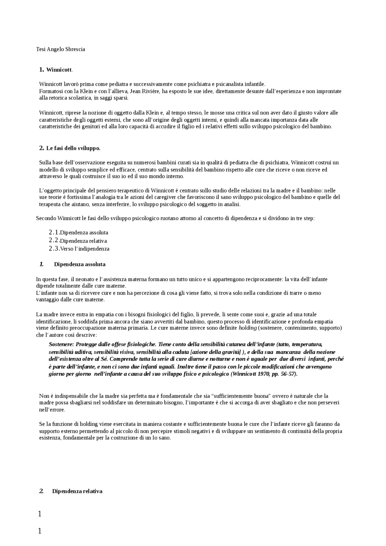 Sviluppo Infantile Winnicott And Klein Docsity