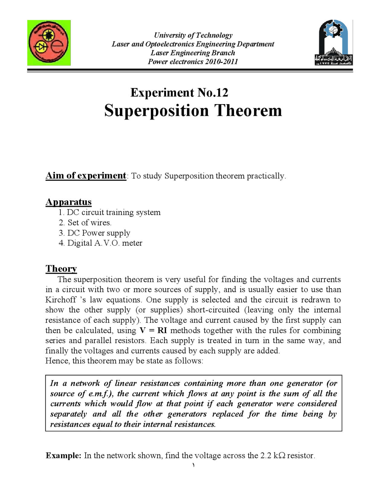 Superposition Theorem Docsity