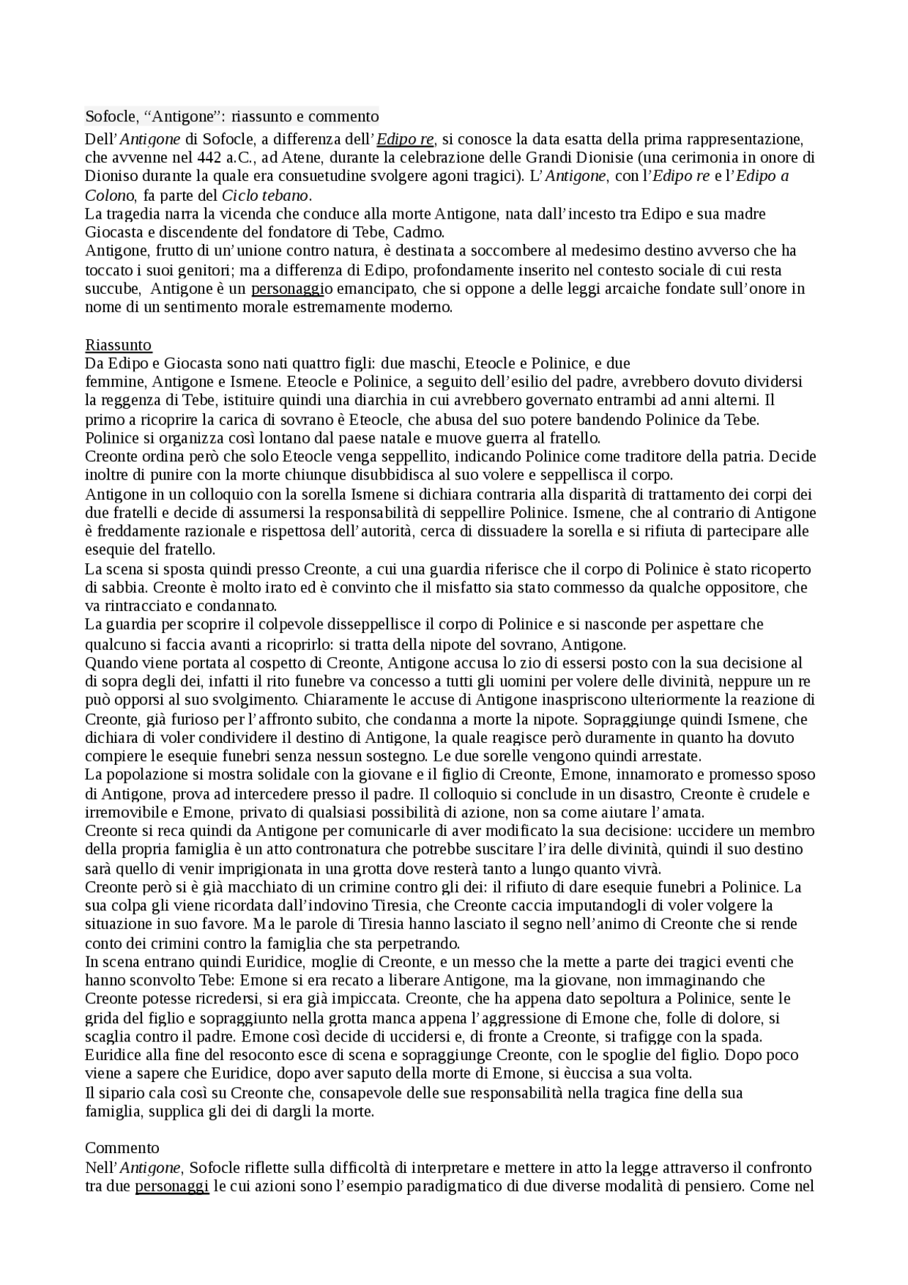 Antigone Di Sofocle Caratteristiche Docsity