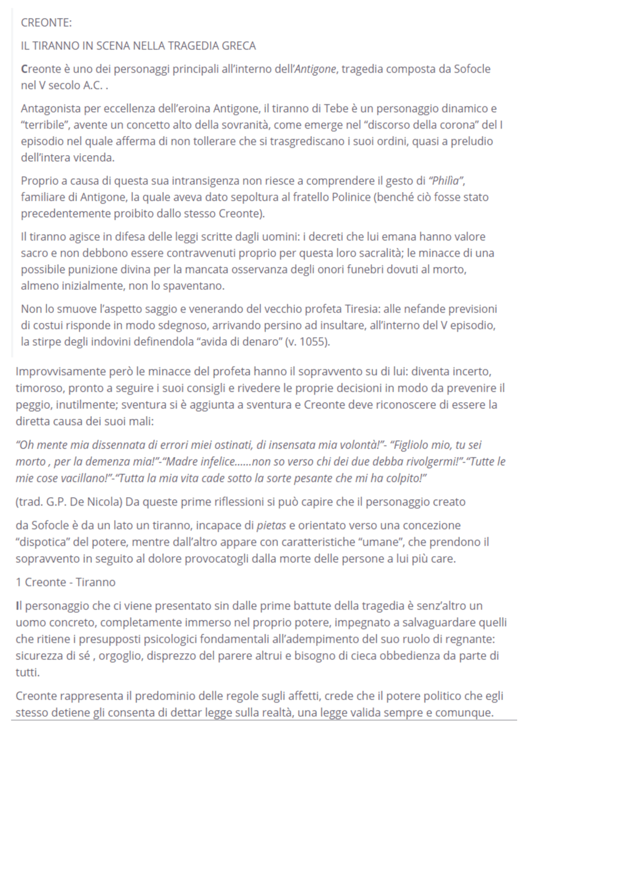 Il Personaggio Di Creonte Nellantigone Di Sofocle Docsity