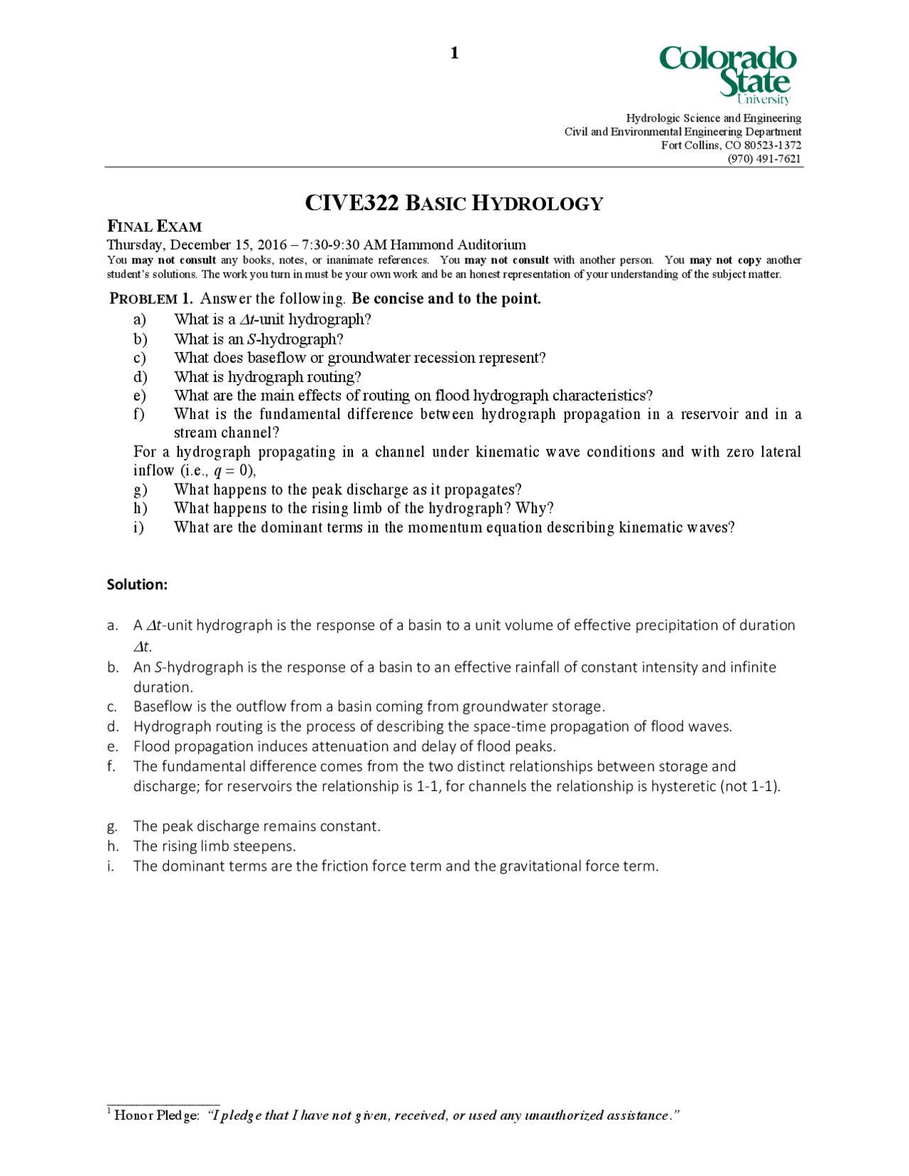 Final Exam Solutions For Basic Hydrology Cive 322 Docsity