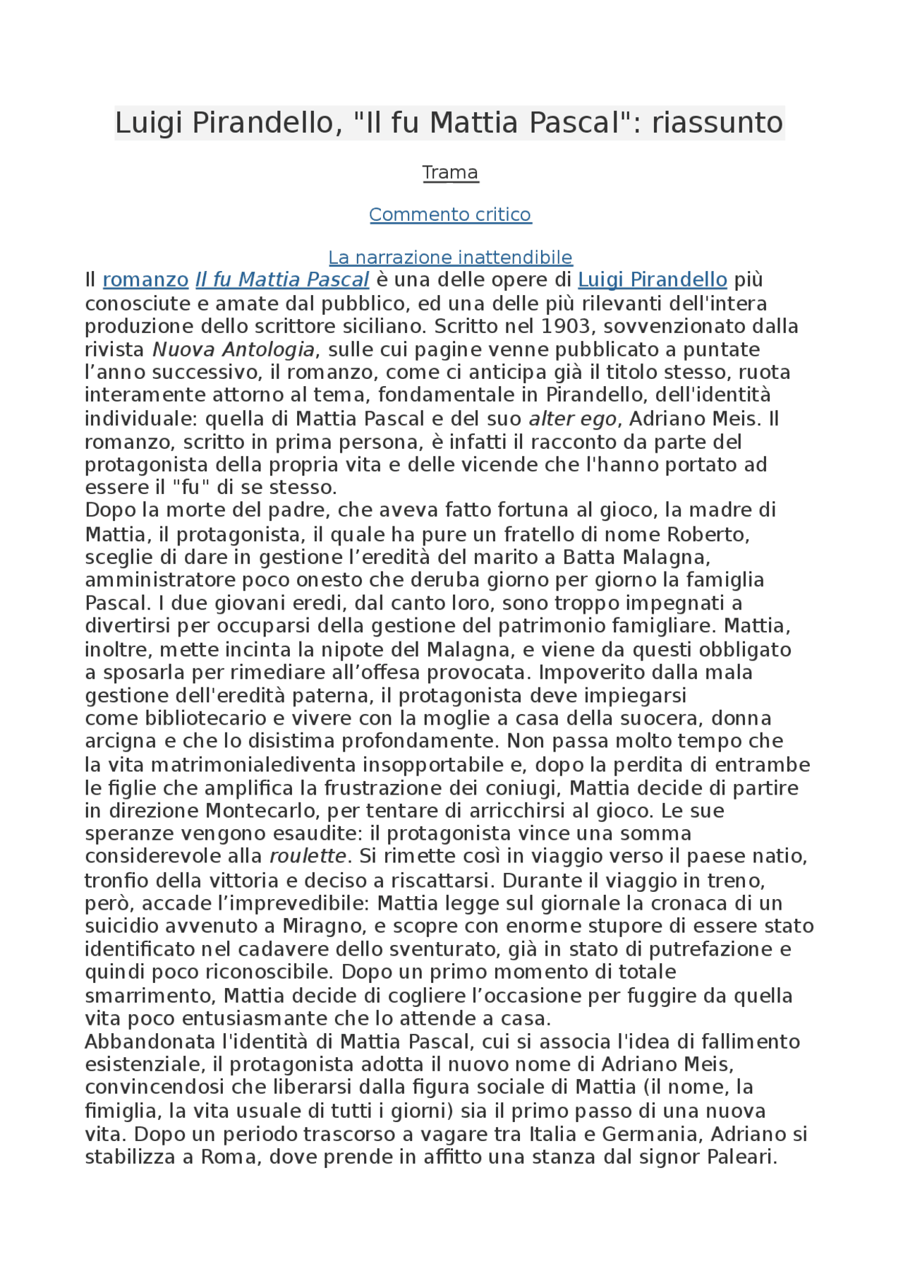 Riassunto Libro Il Fu Mattia Pascal Di L Pirandello Docsity