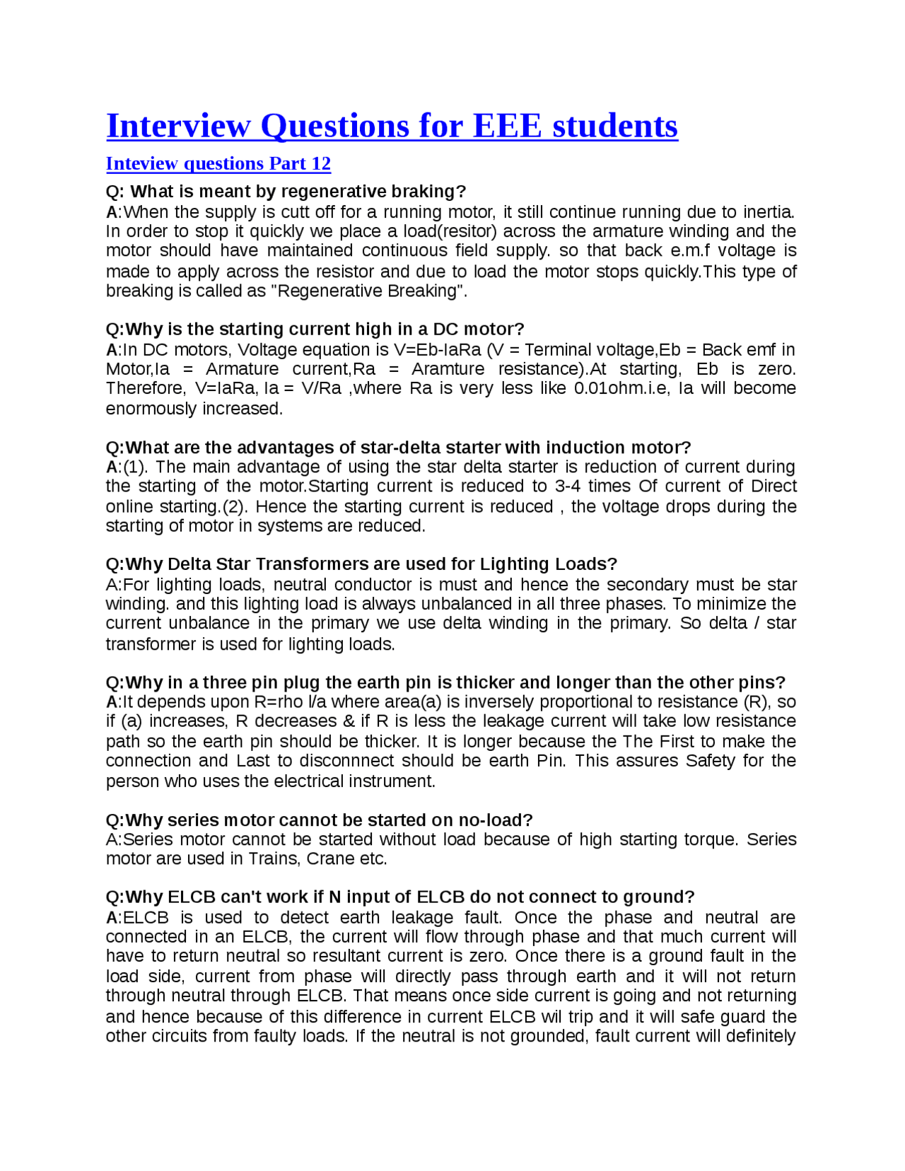 Interview Questions for EEE students - Docsity