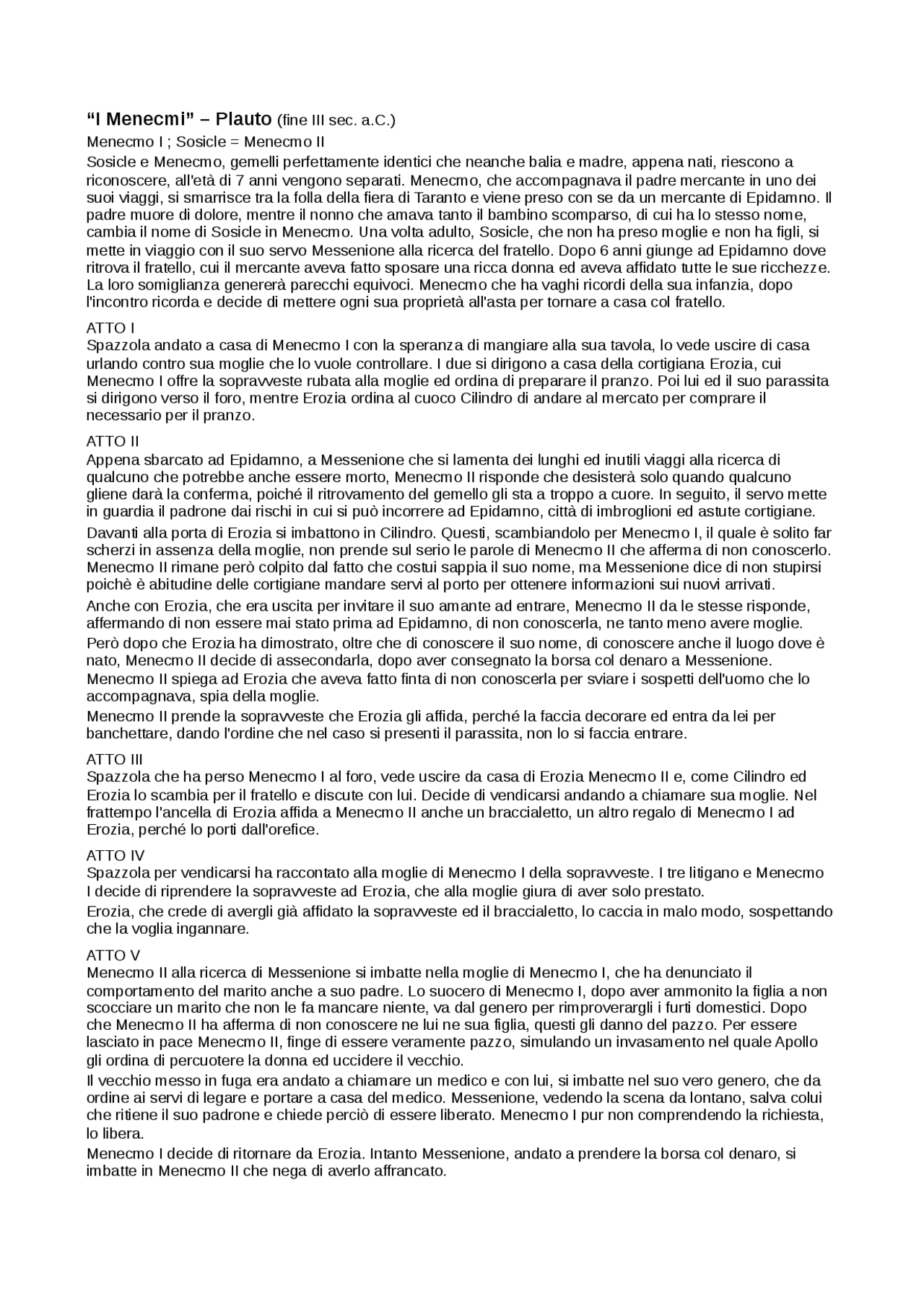 I Menecmi Plauto Docsity