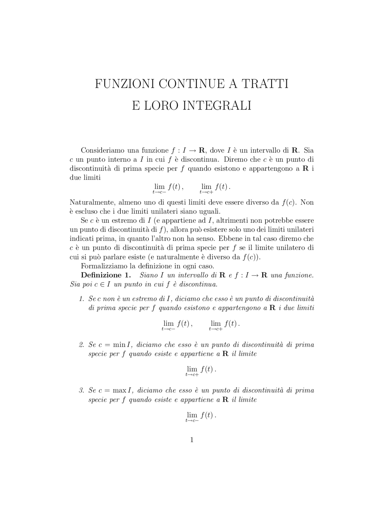 FUNZIONI CONTINUE A TRATTI E LORO INTEGRALI | Appunti di Analisi Matematica I | Docsity
