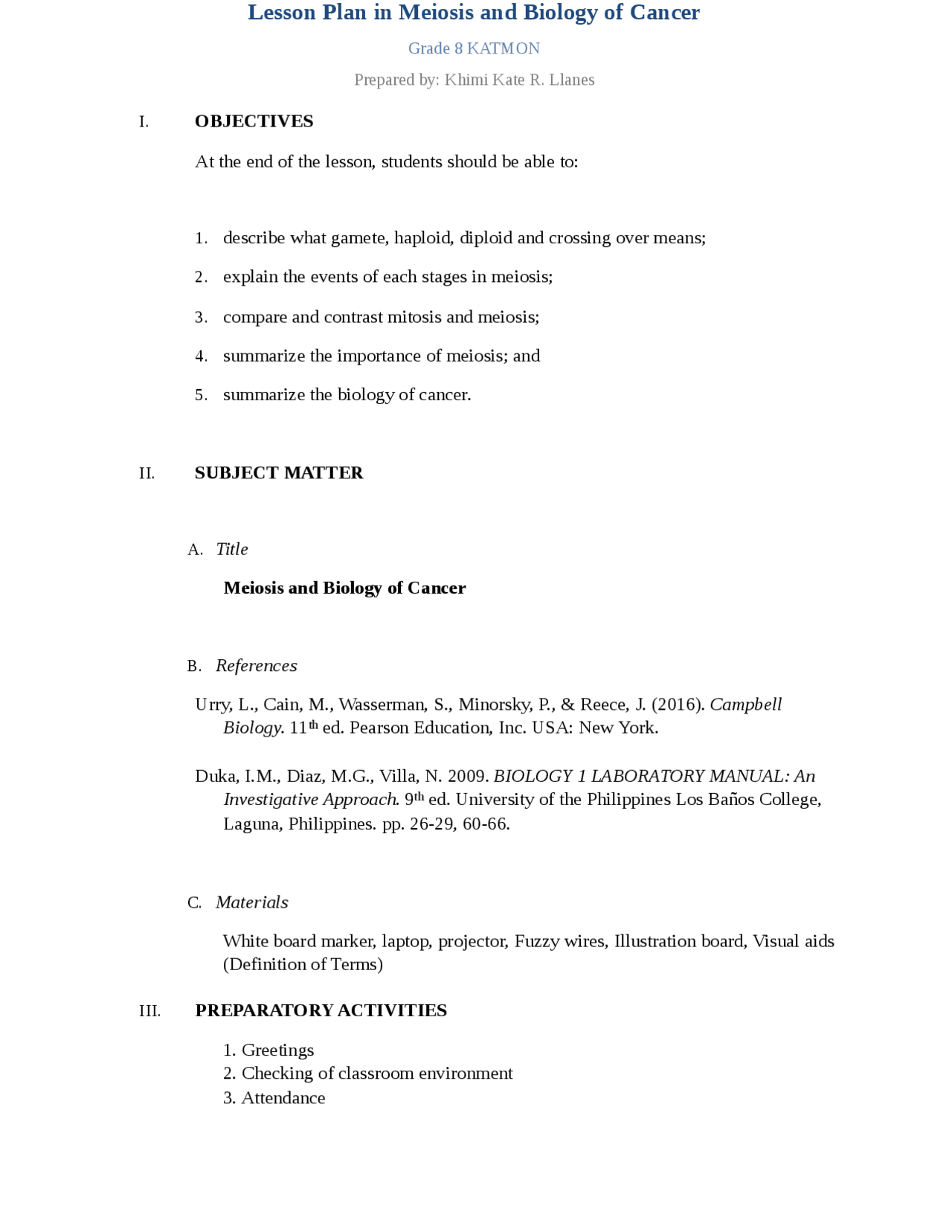 Meiosis and Biology of Cancer - Docsity