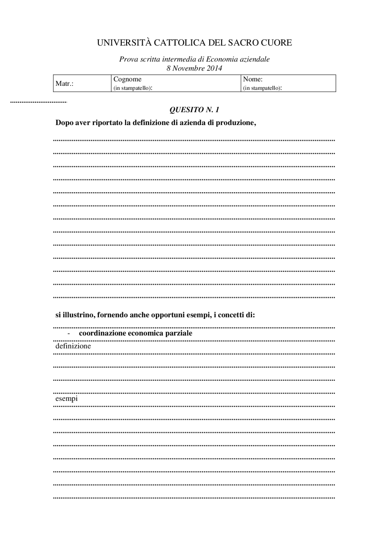 Esempio Di Prova Intermedia Per Economia Aziendale Docsity
