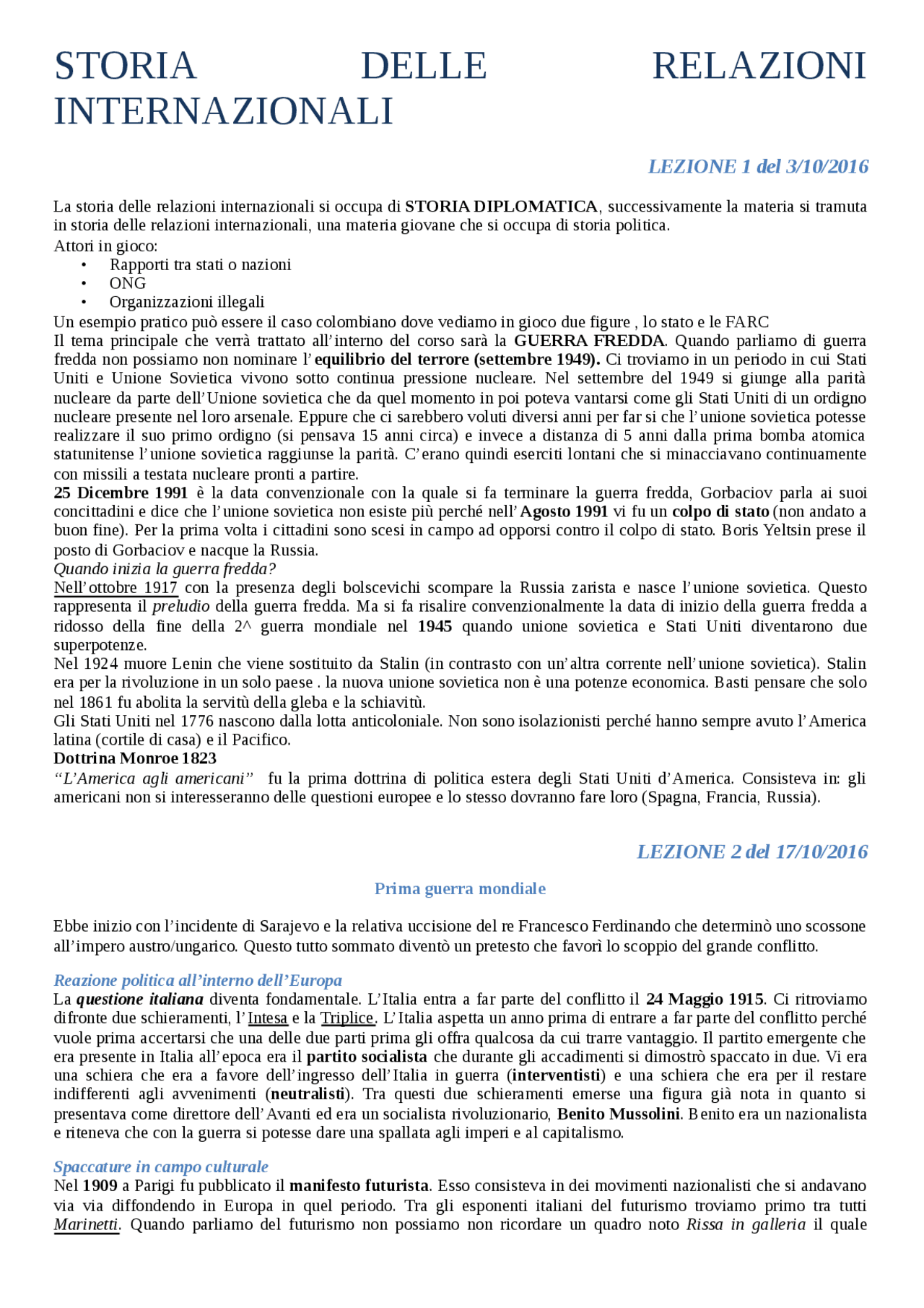 Storia Delle Relazioni Internazionali Docsity