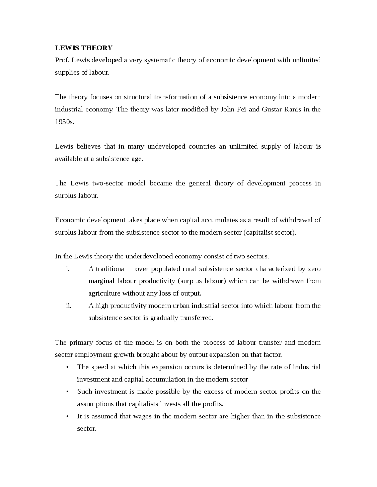 Lewis Theory for the economic development - Docsity
