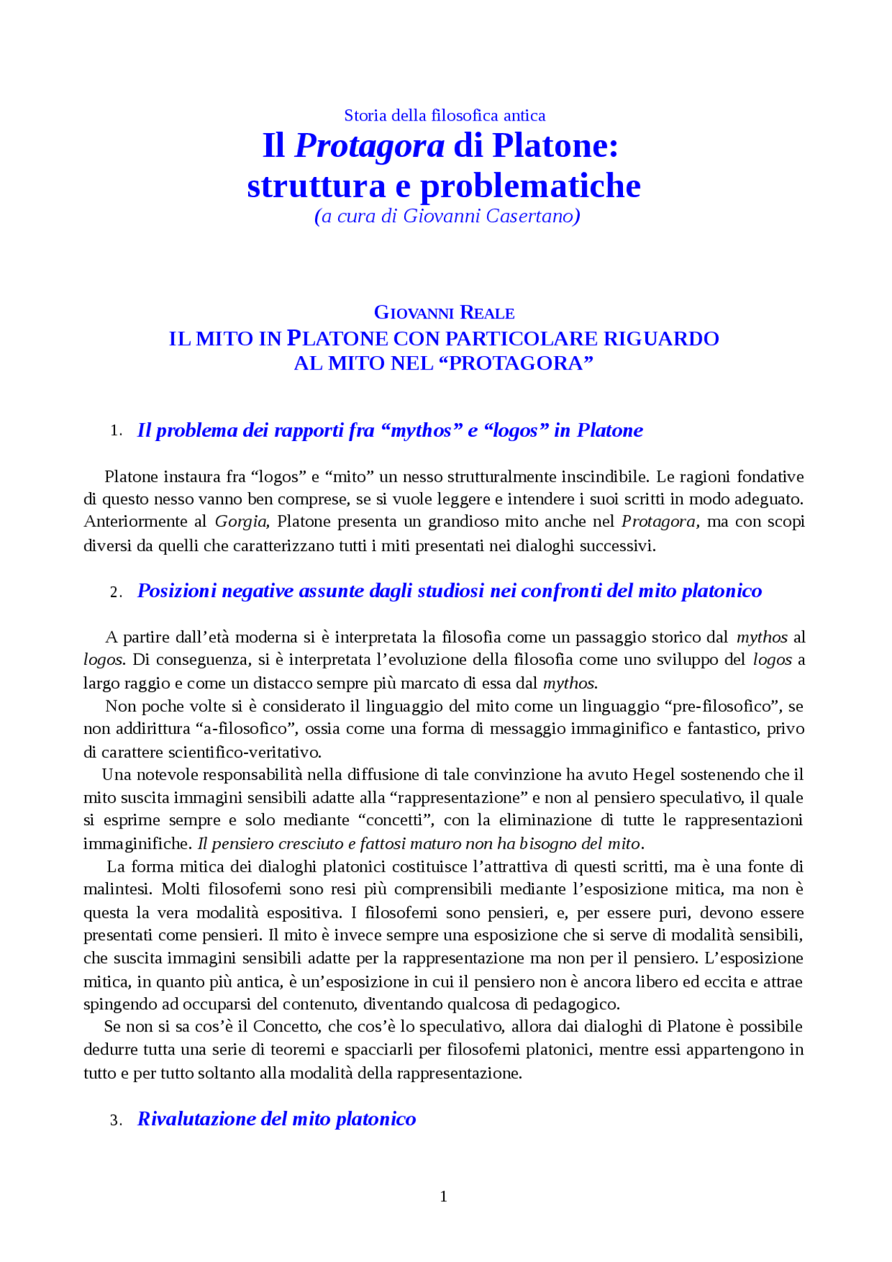 Il Protagora di Platone: struttura e problematiche (a cura di Giovanni Casertano) - Docsity