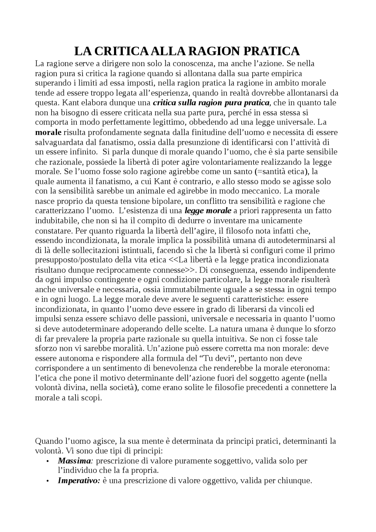 Kant La Critica Alla Ragion Pratica Docsity