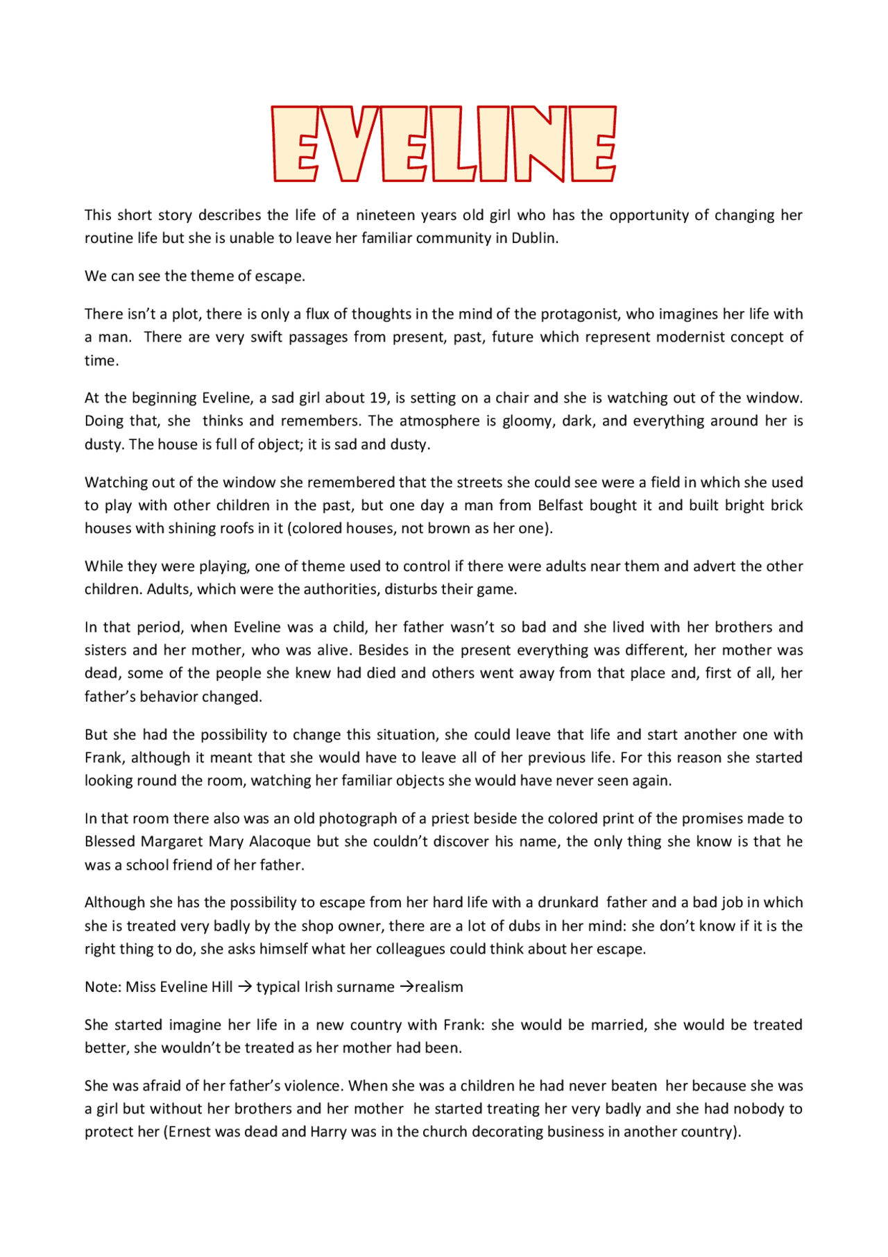 Eveline - Dubliners by James Joyce - Docsity