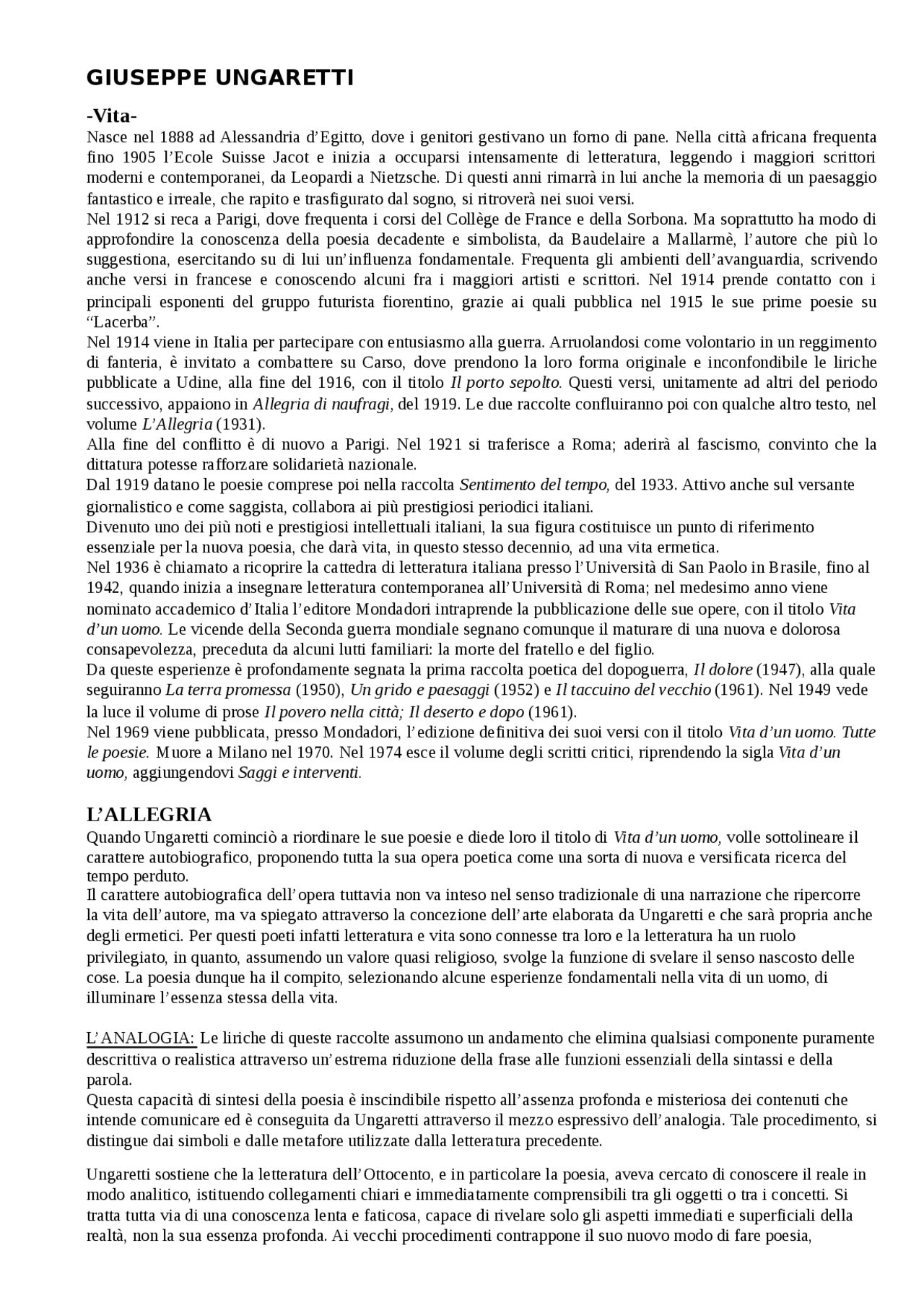 Giuseppe Ungaretti Vita E Opere Docsity