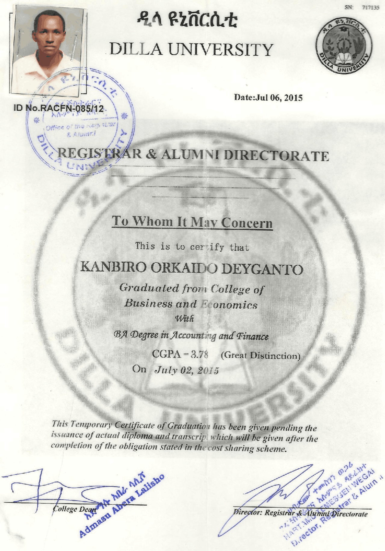 Temperory first degree certificate | Exams Finance | Docsity