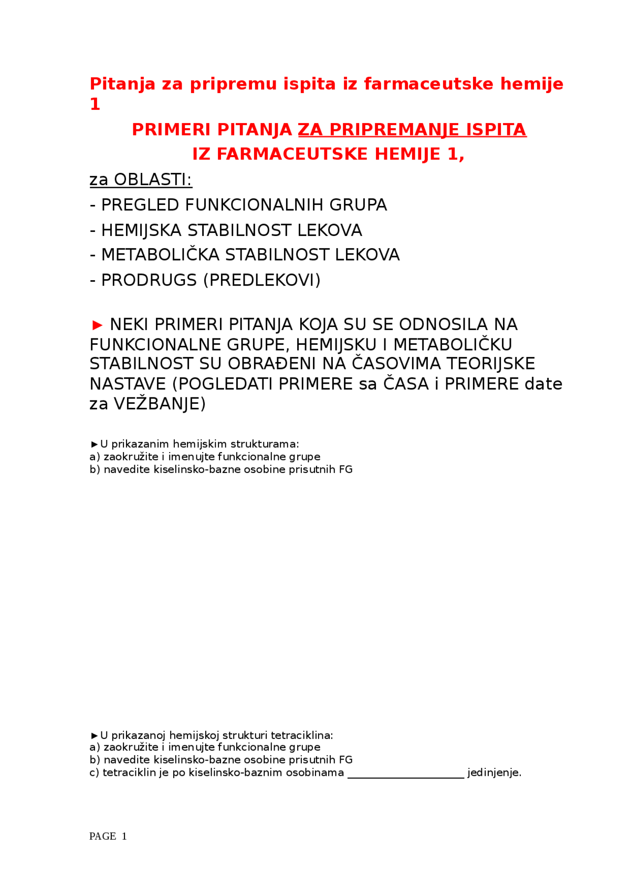 Farmaceutska Hemija 1 Ispiti Predlog Farmacija Docsity