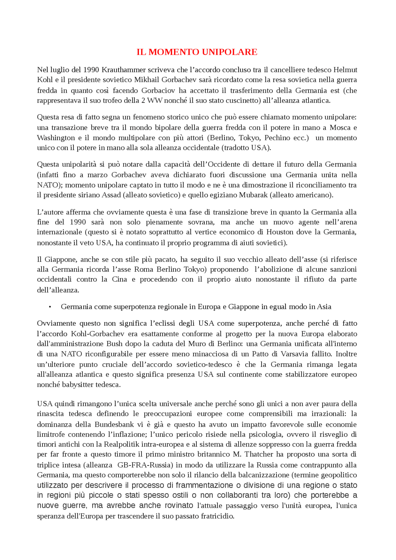 The unipolar moment di Krauthammer - Docsity