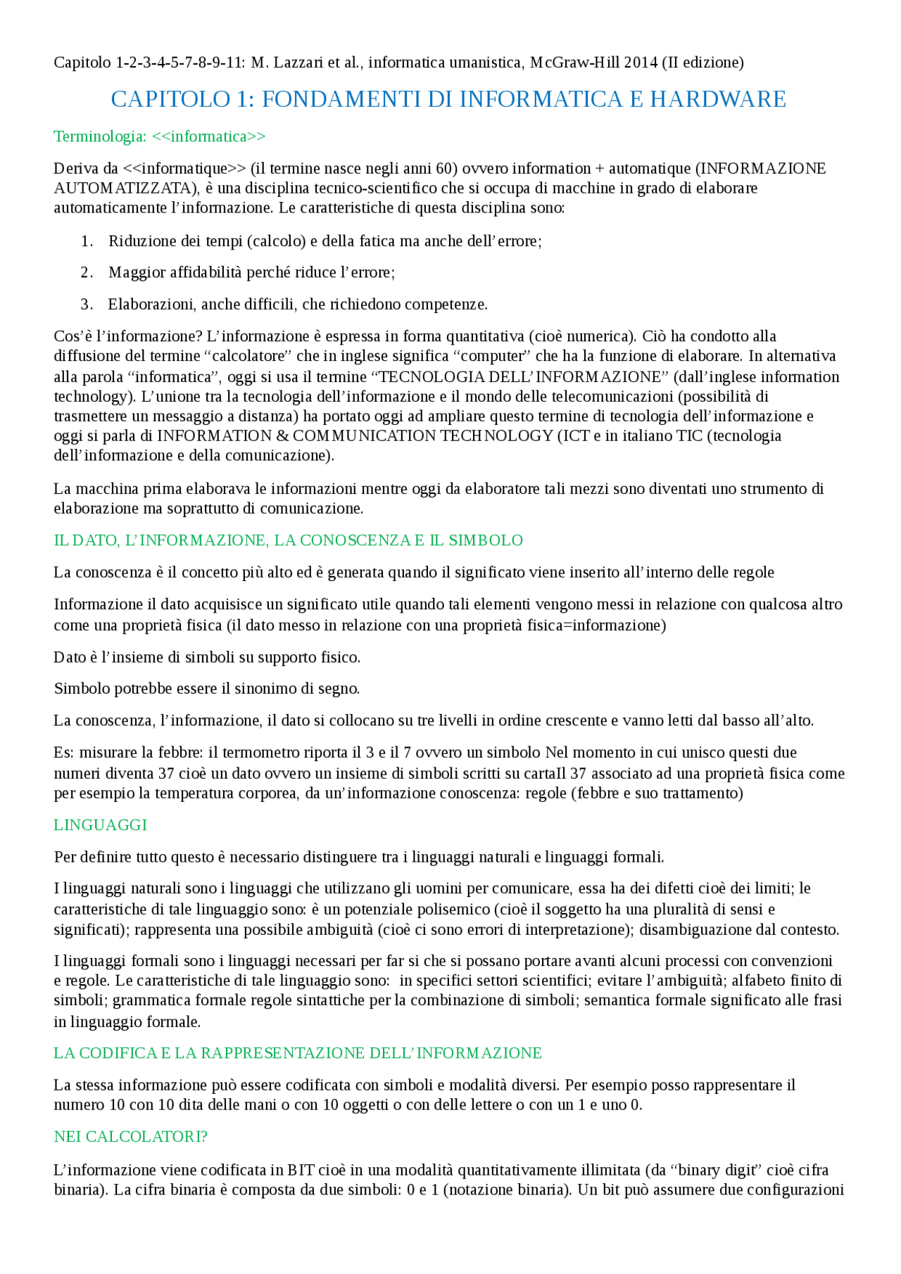 Riassunti Del Libro Informatica Umanistica Docsity