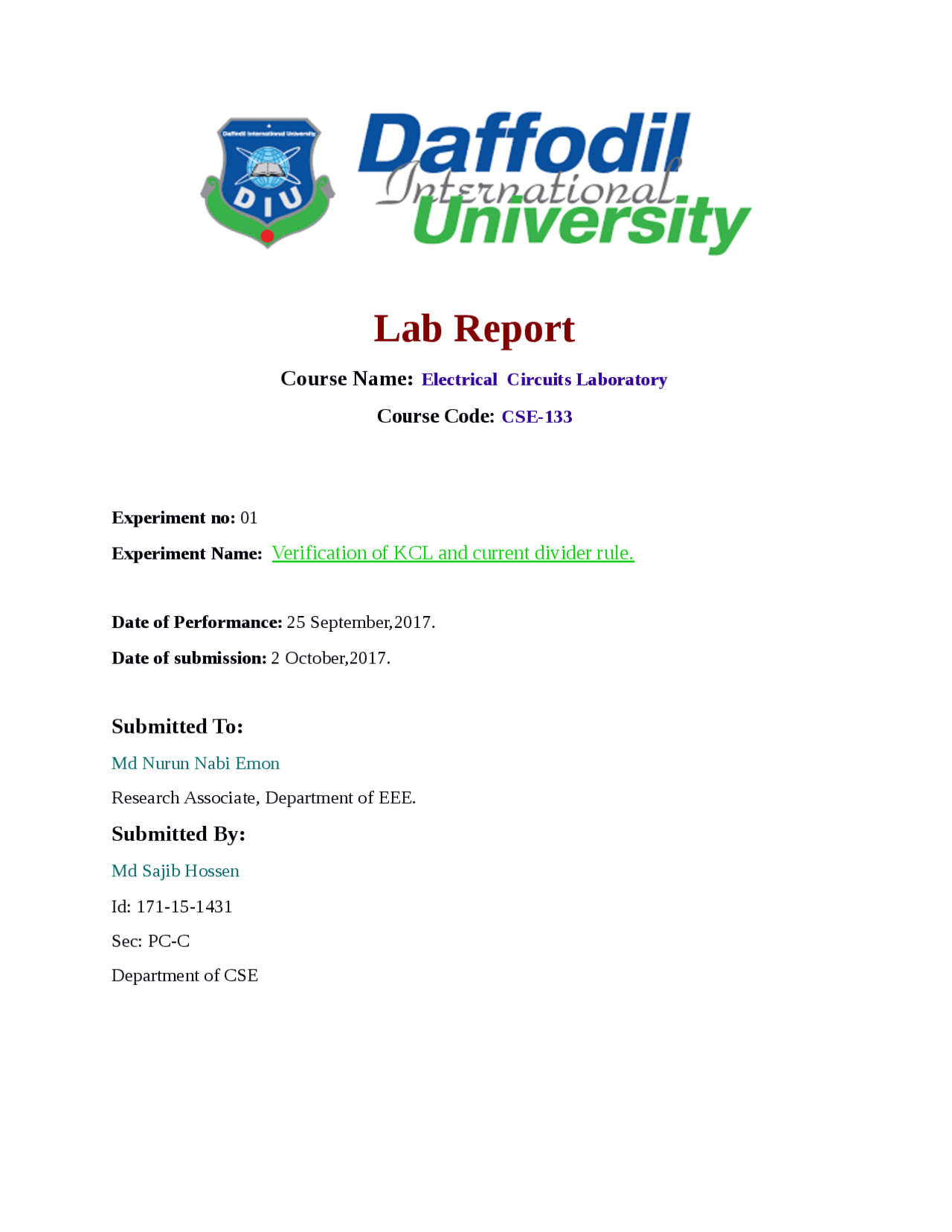 Lab Report of KCL and Current Divider rule | Study notes Computer ...