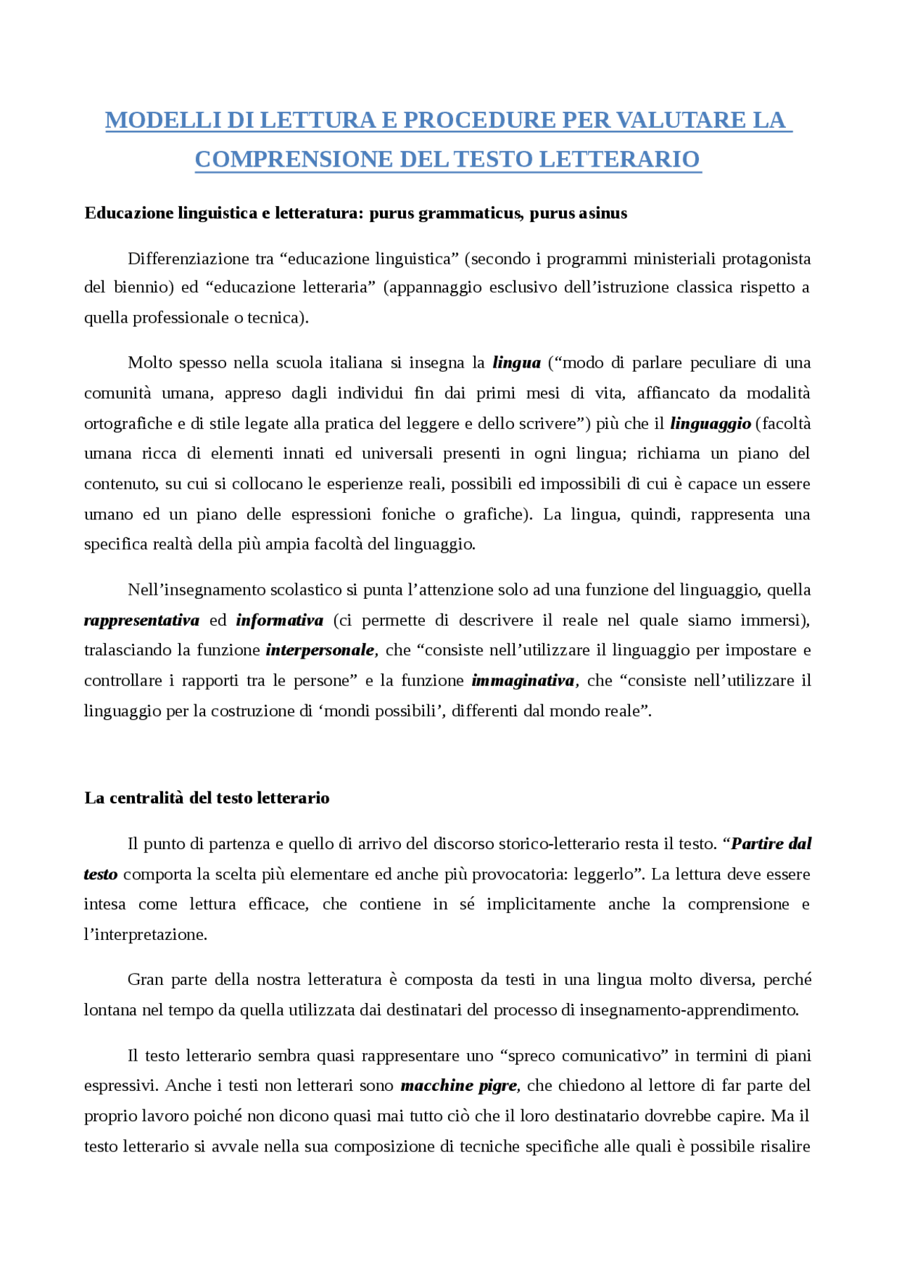 MODELLI DI LETTURA E PROCEDURE PER VALUTARE LA COMPRENSIONE DEL TESTO ...
