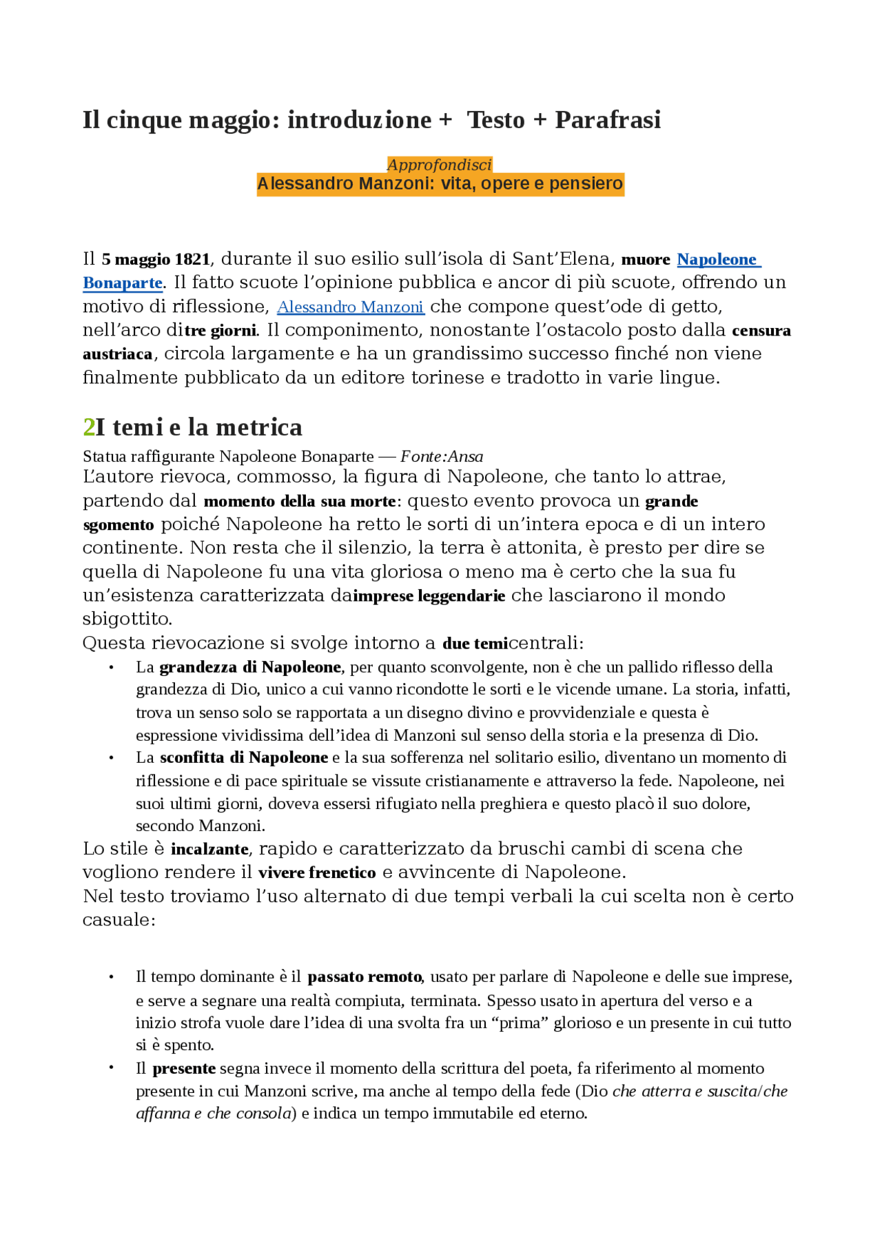 Il Cinque Maggio Alessandro Manzoni Docsity
