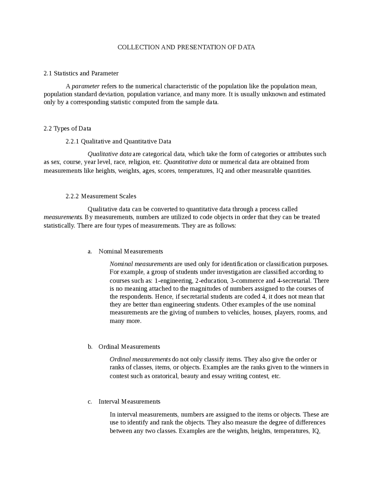 Collection And Presentation Of Data Lecture Notes Statistics Docsity