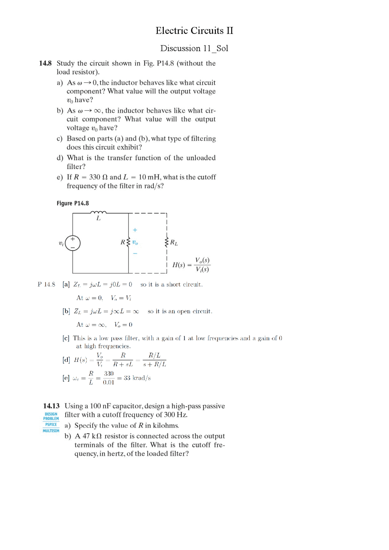 Electric Circuits Discussion11 Sol | Essays (university) Microelectronic Circuits | Docsity
