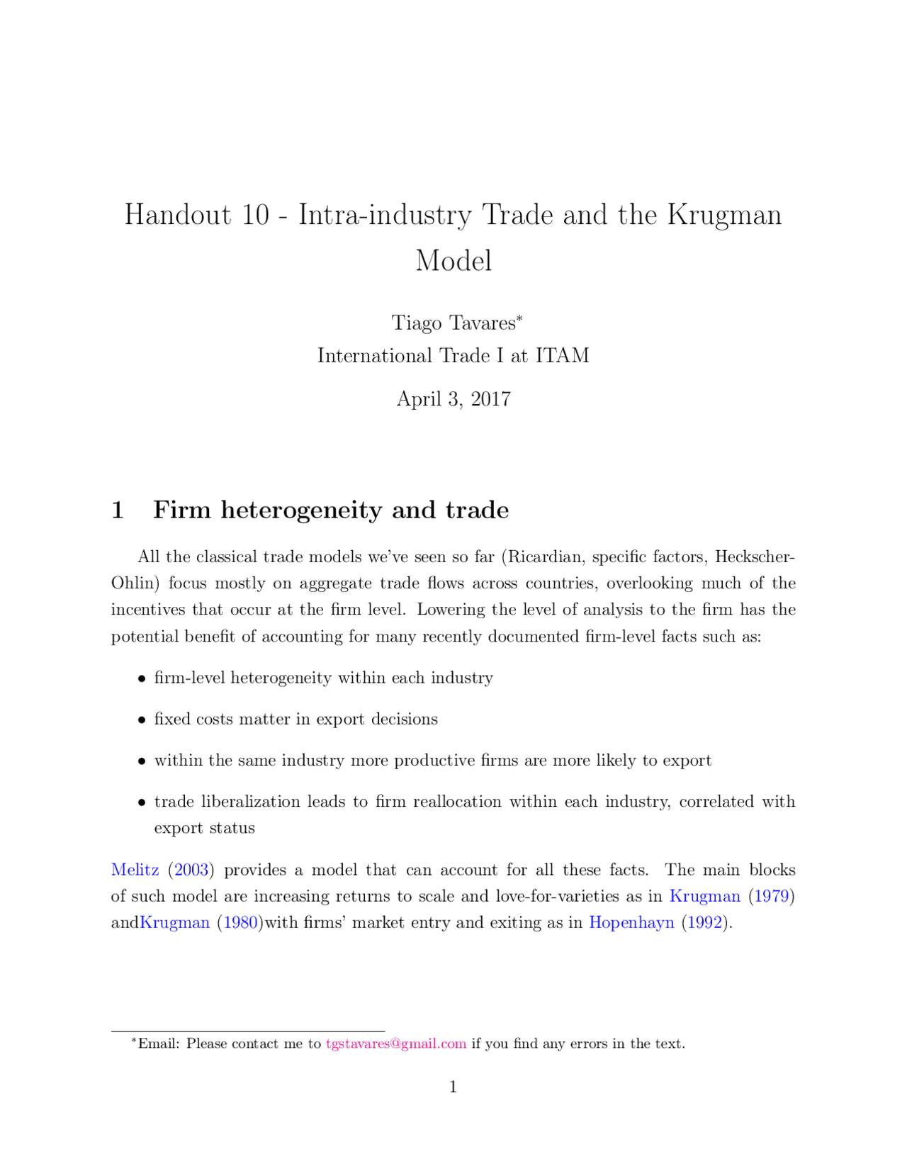 KRUGMAN MODEL ECONOMICS - Docsity