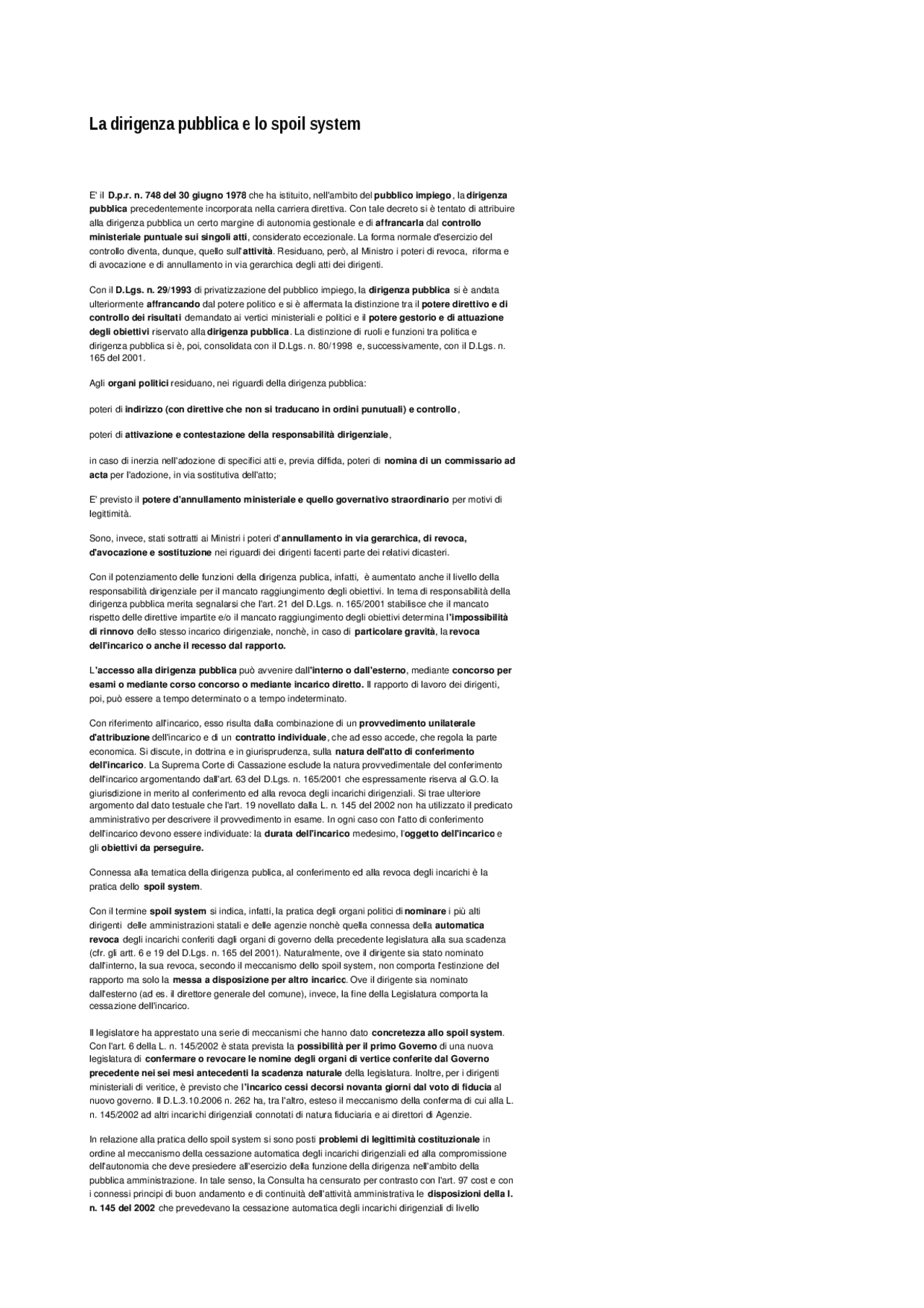 La Dirigenza Pubblica E Lo Spoils System Docsity
