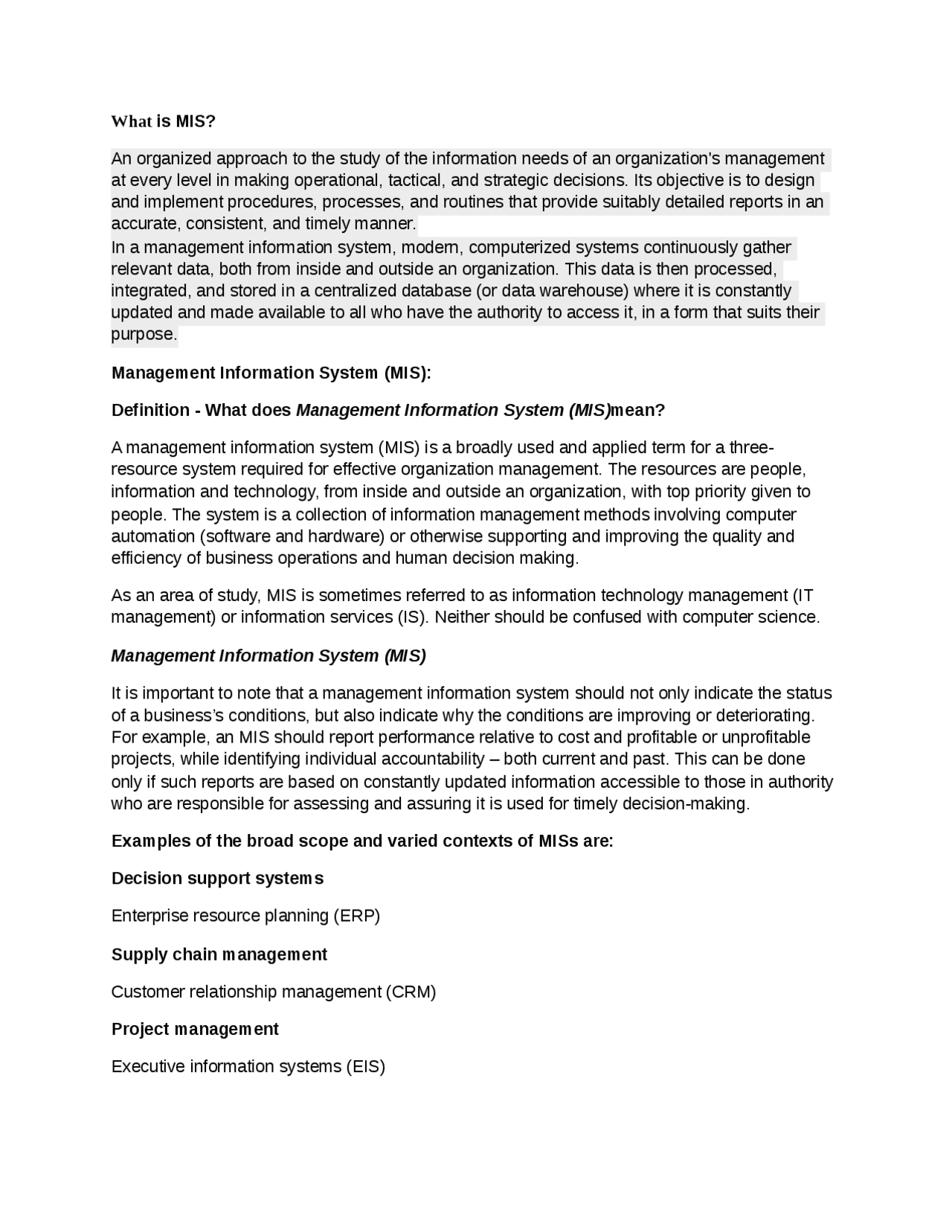 Mis Managment Information System Notes Bba Docsity