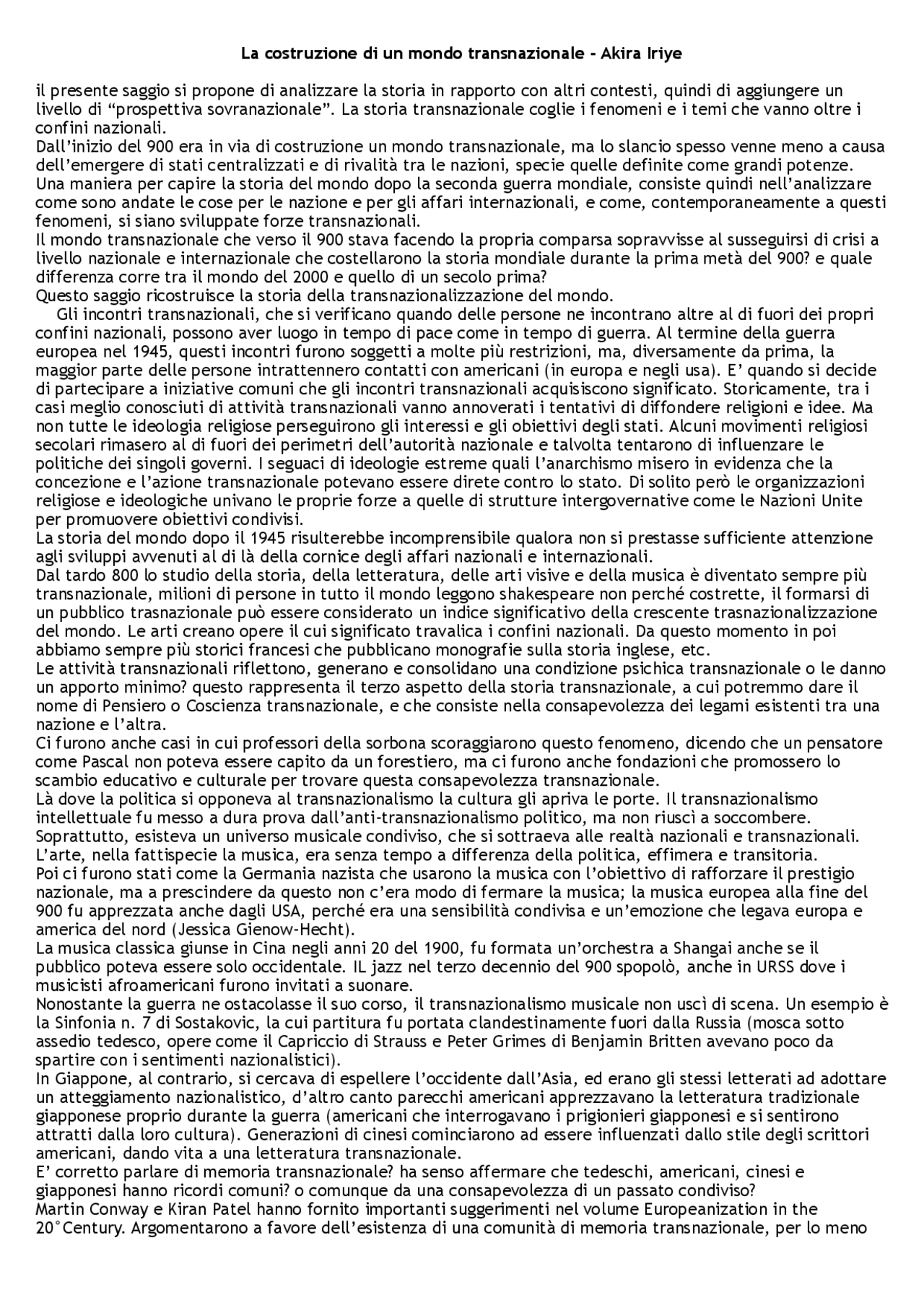 La costruzione di un mondo transnazionale dal libro "il mondo ...