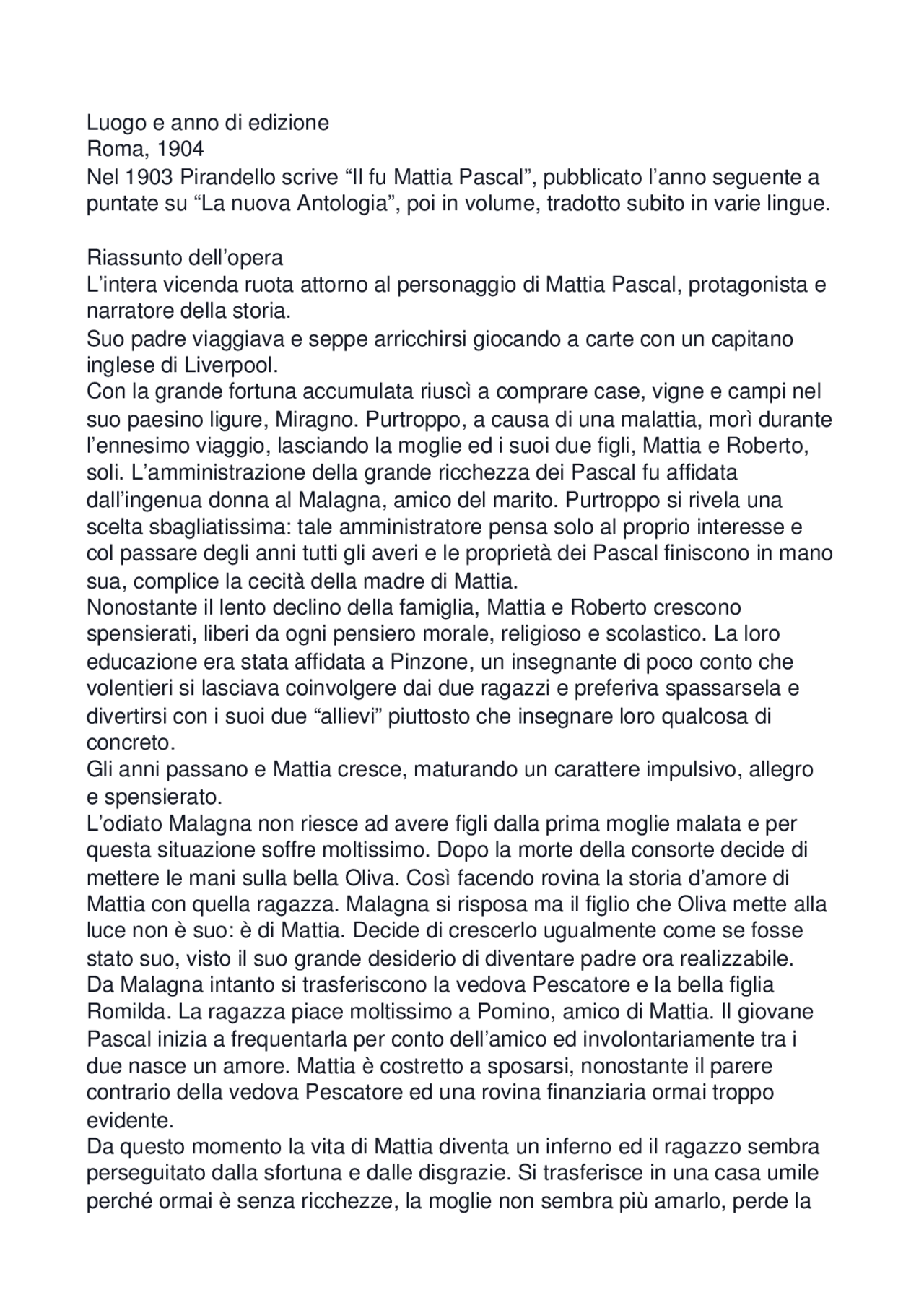 Fu Mattia Pascal Pirandello Sintesi Del Corso Di Letteratura Docsity