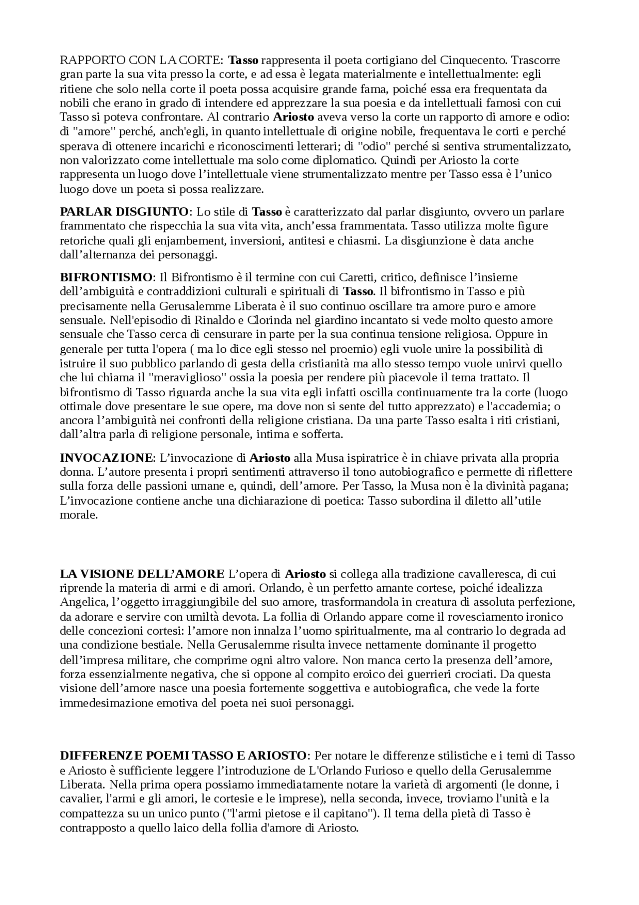 Tasso E Ariosto Riassunto Docsity
