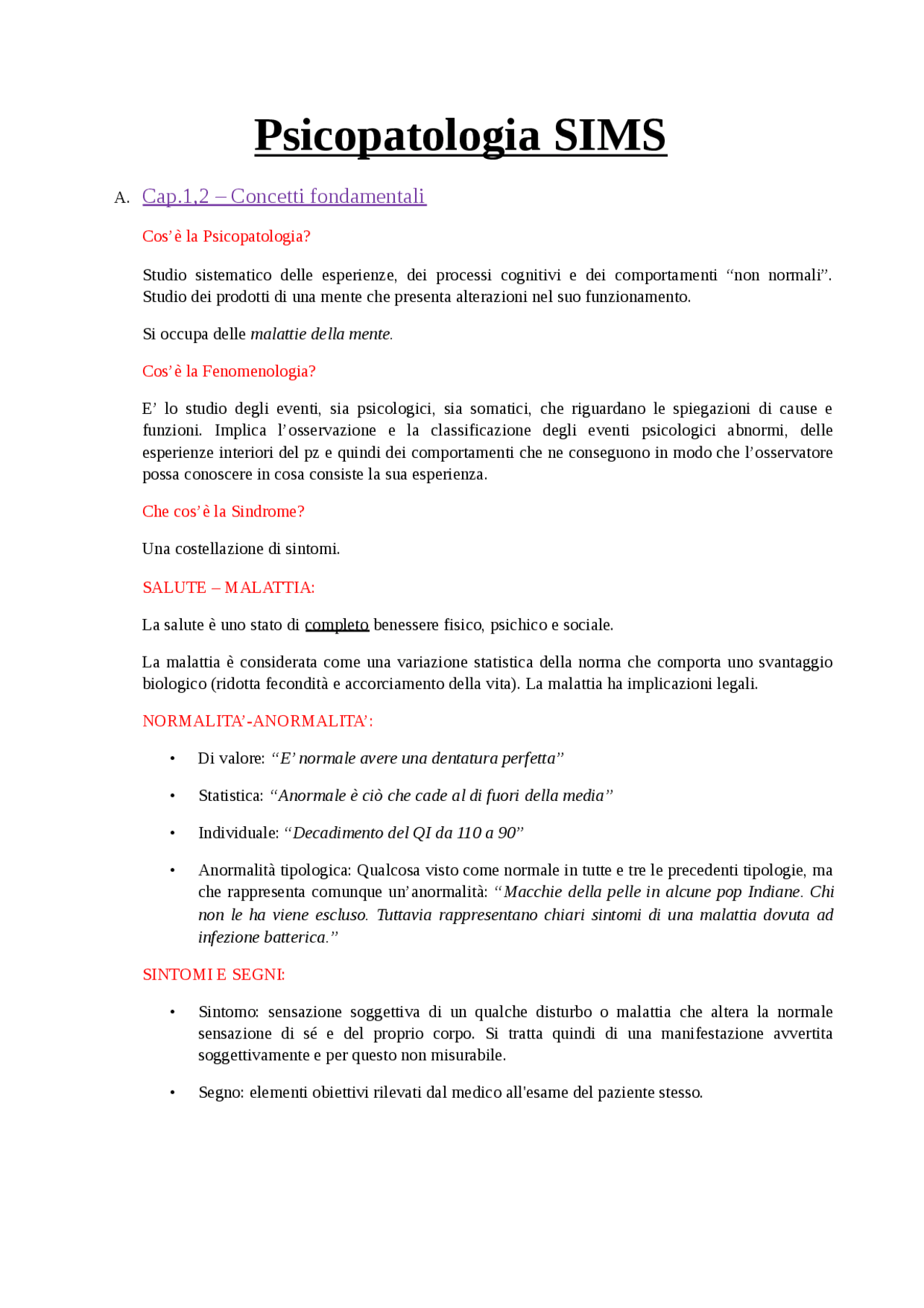 Esame Stanghellini Psicopatologia Sims Docsity