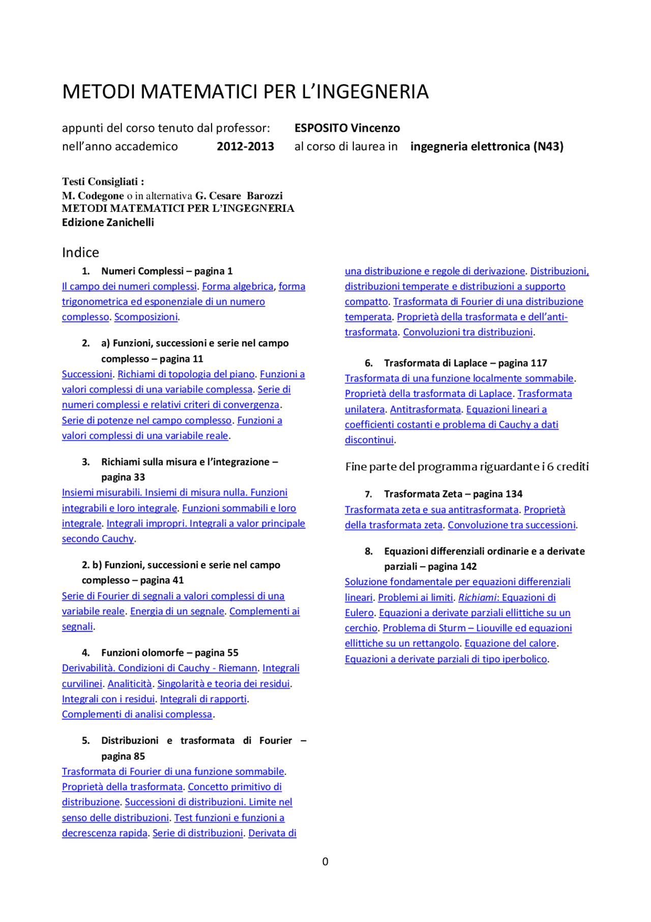Metodi Matematici Per Ingegneria Prof Esposito Docsity