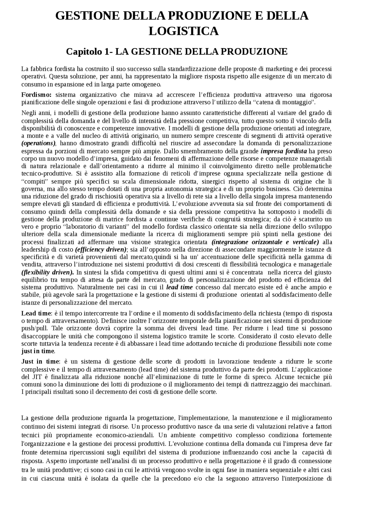 Gestione Della Produzione E Della Logistica Docsity